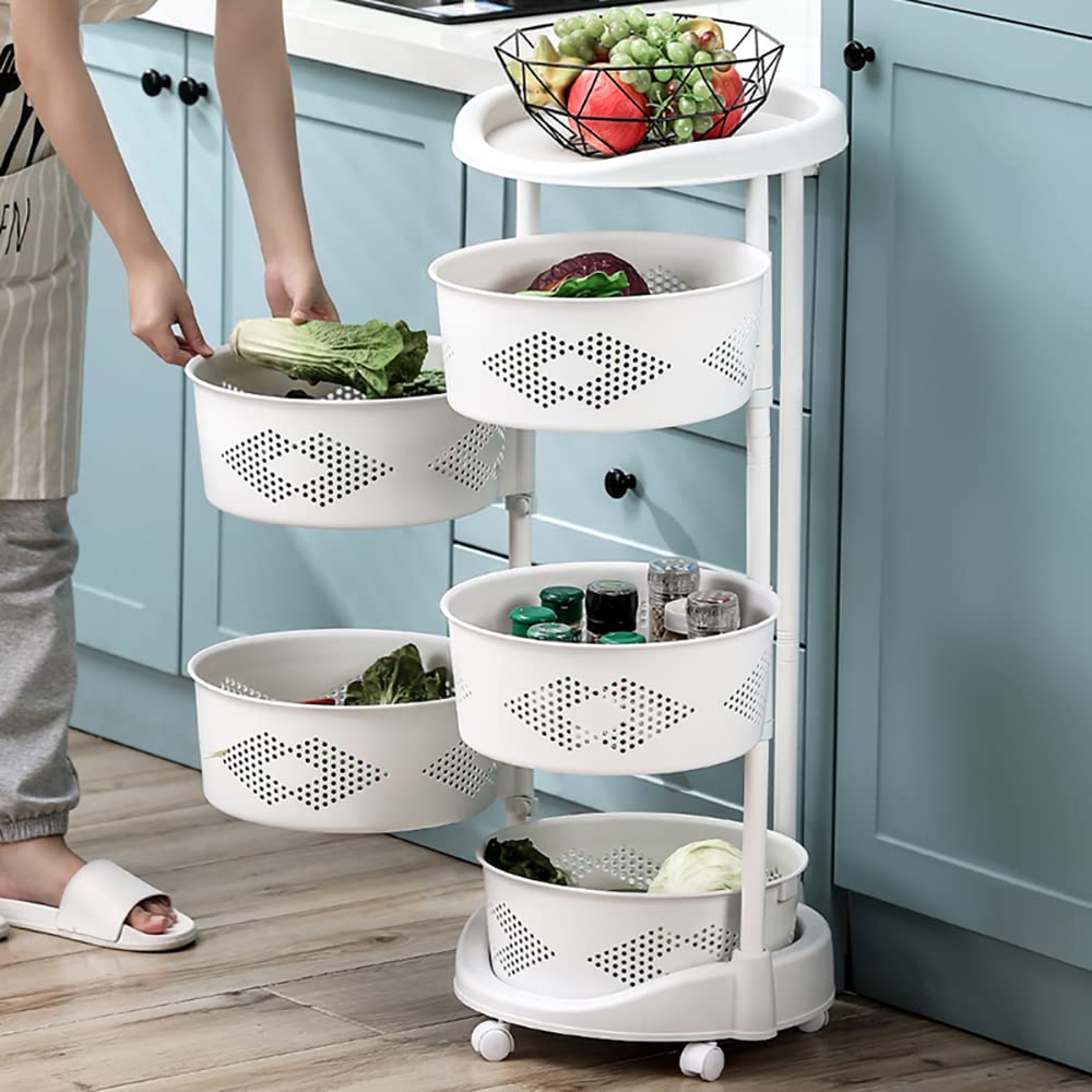 LGXSHOP 5 Tier Swivel Storage Rack, Vegetable Storage Rack, Storage Rack with Lockable Casters and Detachable Storage Basket, Kitchen Bathroom Living Room Dining Room Freestanding Organizer (White)