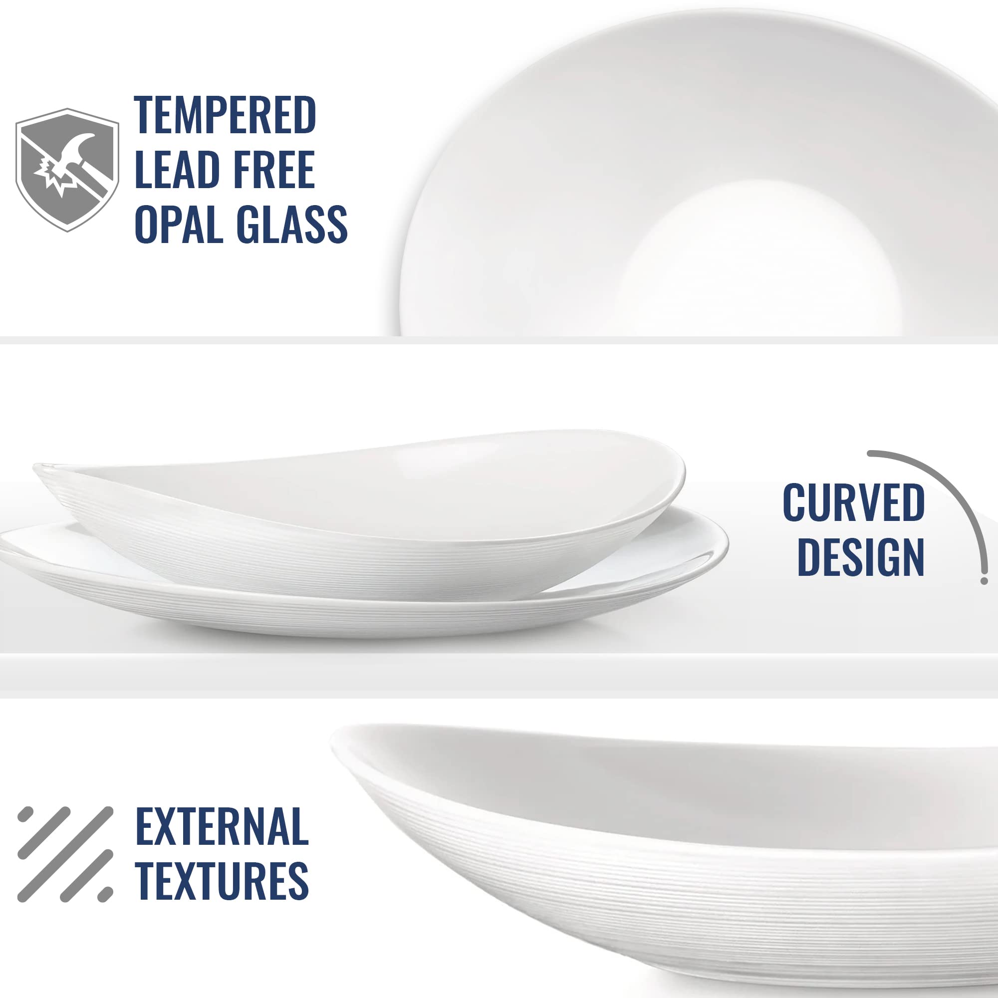 Bormioli Rocco Prometeo Set Of 6 Pasta Bowls, 9" X 7.75" Tempered Opal Glass, Clean White, Curved Design With External Textures Dinnerware.