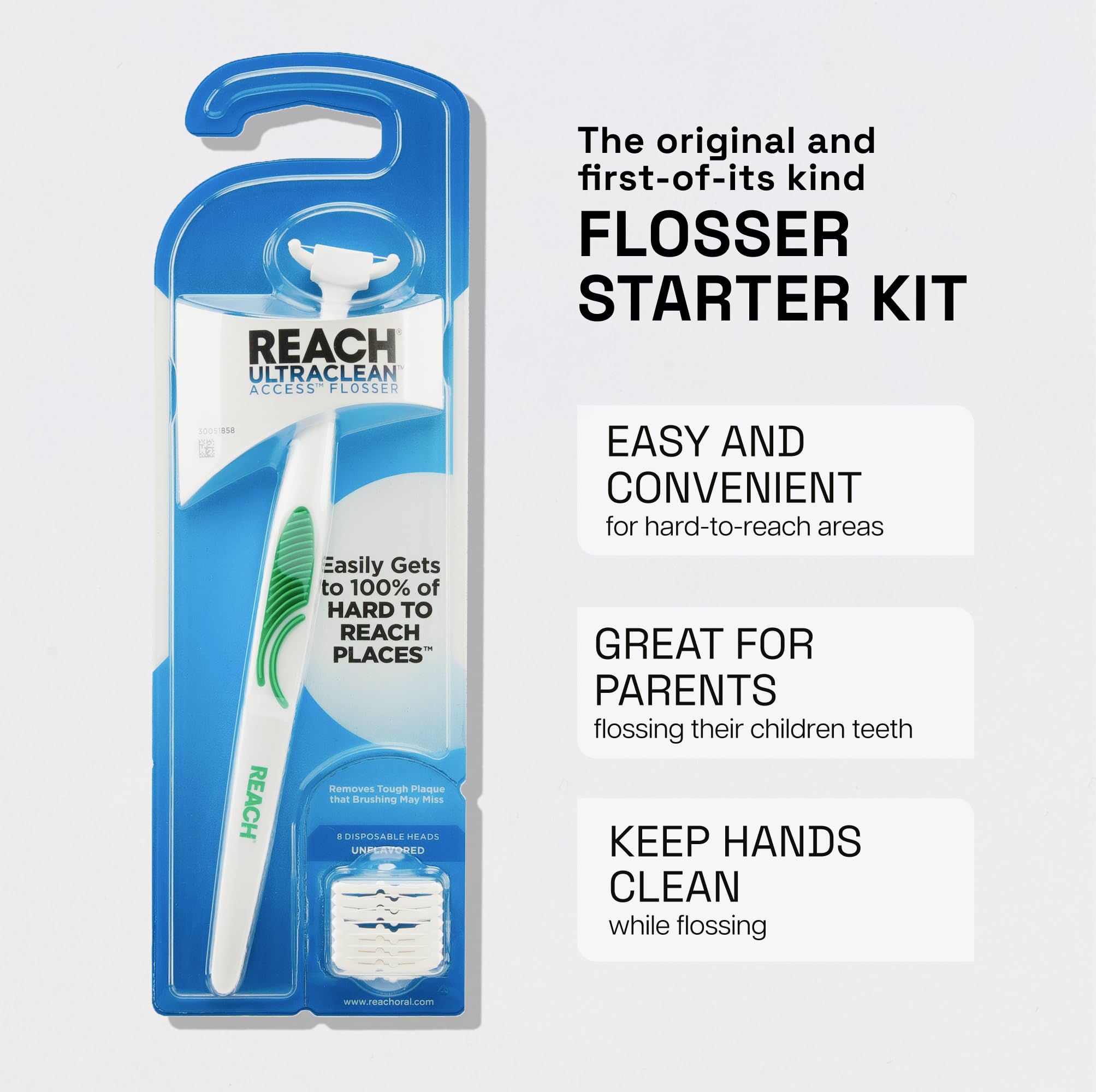 REACH Ultraclean Access Flosser Starter Kit, Unflavored, Plaque Remover for Teeth, for Hard to Reach Areas, Oral Care, PFAS Free, 1 Replaceable Flosser & 8 Refill Heads, 1 Pack