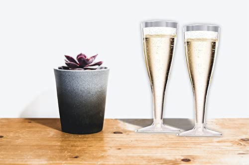 BloominGoods 50 Plastic Silver Glitter Champagne Flutes | 7 oz. Clear Hard Disposable Party & Wedding Glass | Premium Heavy Duty Fancy Cup (50-Pack)