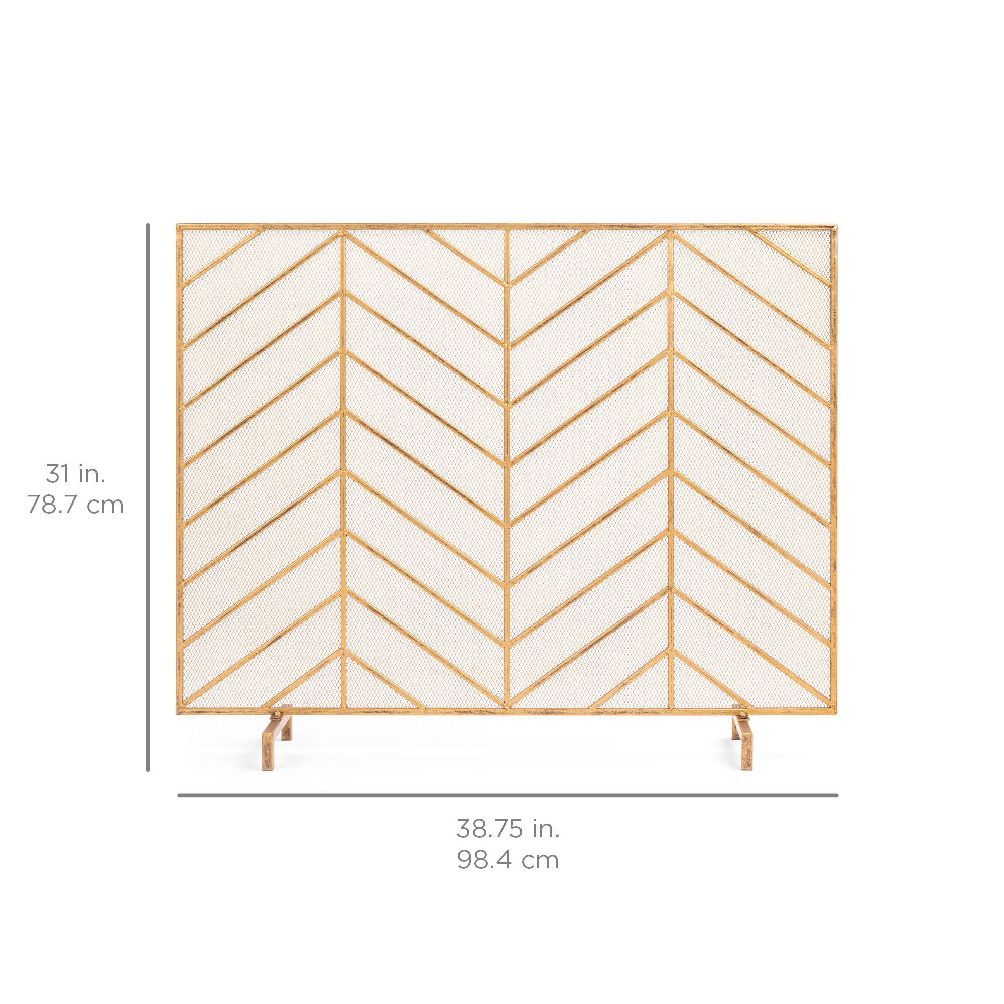 Best Choice Products 38x31in Single Panel Handcrafted Wrought Iron Mesh Chevron Fireplace Screen, Fire Spark Guard for Living Room, Bedroom Décor w/Distressed Antique Finish - Gold