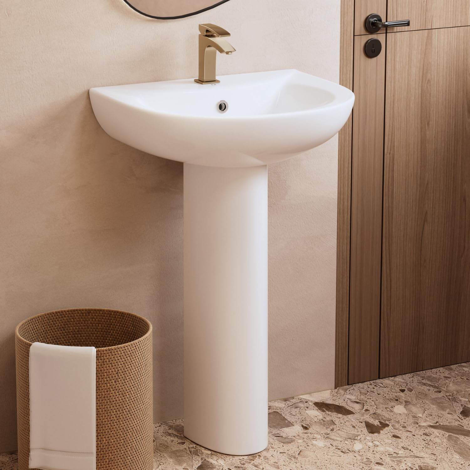 Classic Vintage Bathroom Pedestal Sink, Los Flexi 23"W x 19"D White Ceramic Freestanding Sinks for bathrooms, Overflow, 3 Pre-Drilled Holes for 4-Inch Faucets, Easy Install
