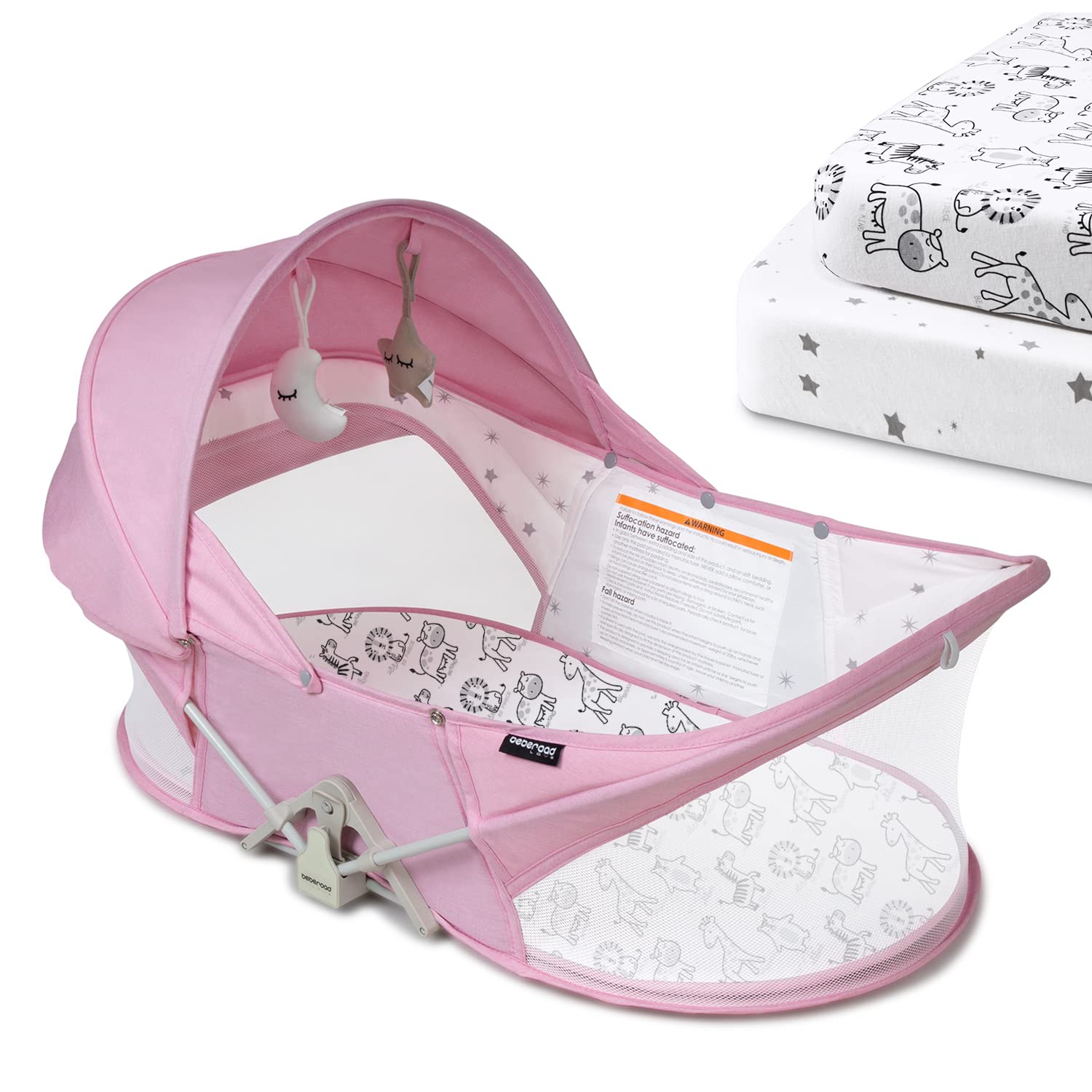 Beberoad Love Baby Travel Bassinet for Newborn Infants with Mosquito and Sunshade Net (Pink), 2 Pack 100% Cotton Bassinet Sheets (32 x 18 x 3 Inches)