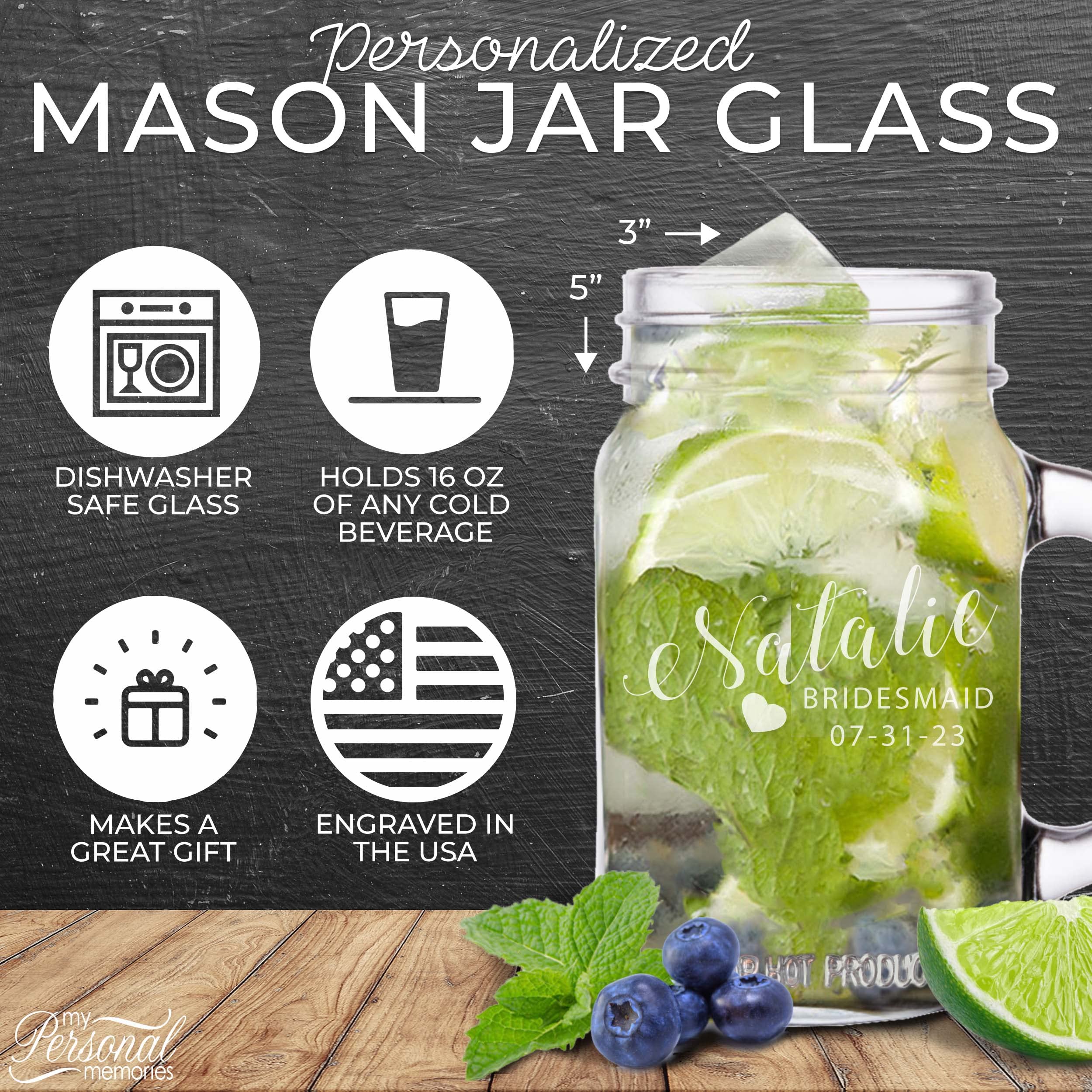 Bridesmaid Mason Jar Tumbler Cups - Custom Personalized for Wedding Bridal Party Mason Jars