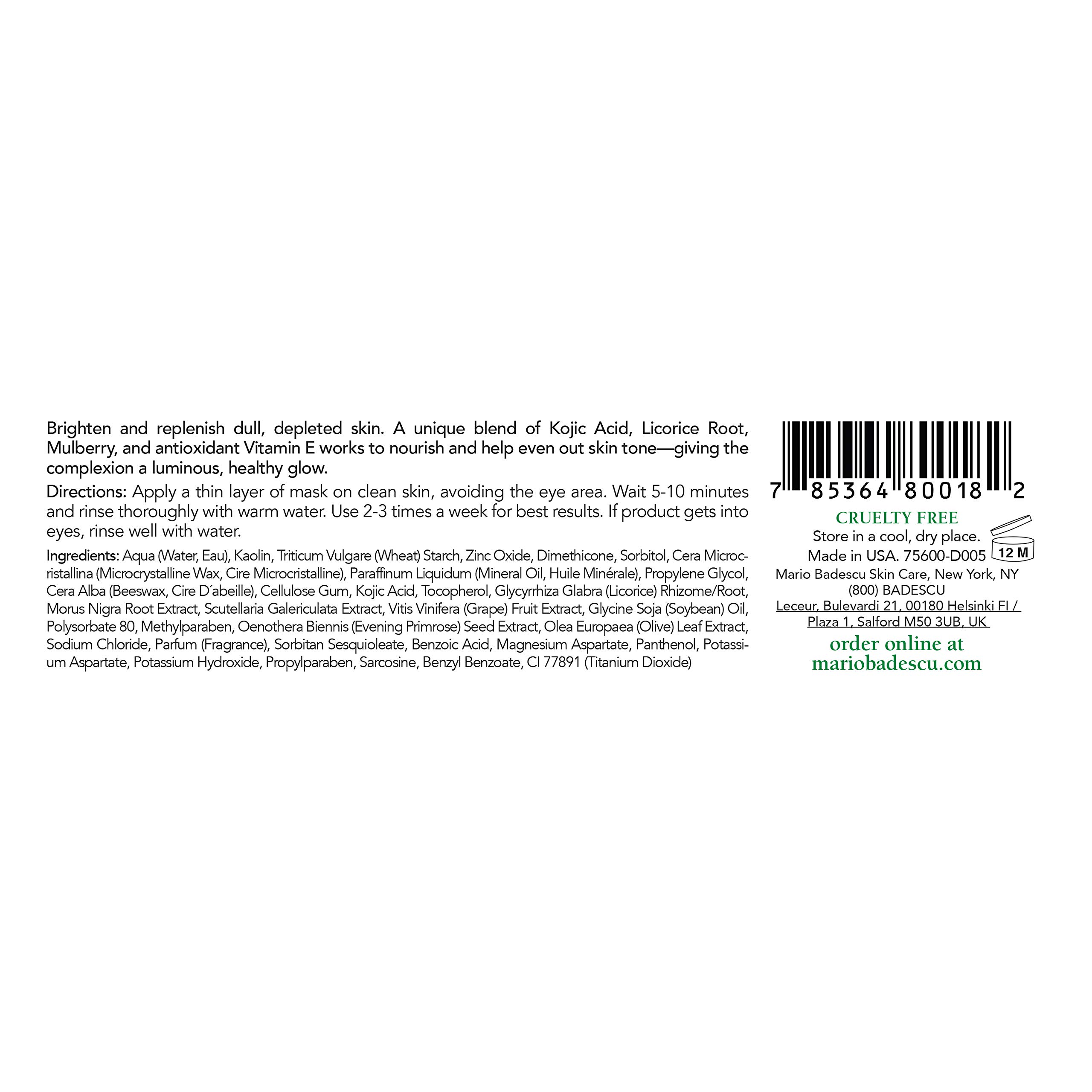 Mario Badescu Kojic Acid Whitening Mask - Illuminating Face Mask for Brightening, Hydration & Discoloration - With Grapeseed Oil, Beeswax & Vitamin E for Smoother, Radiant Skin, 2 Oz