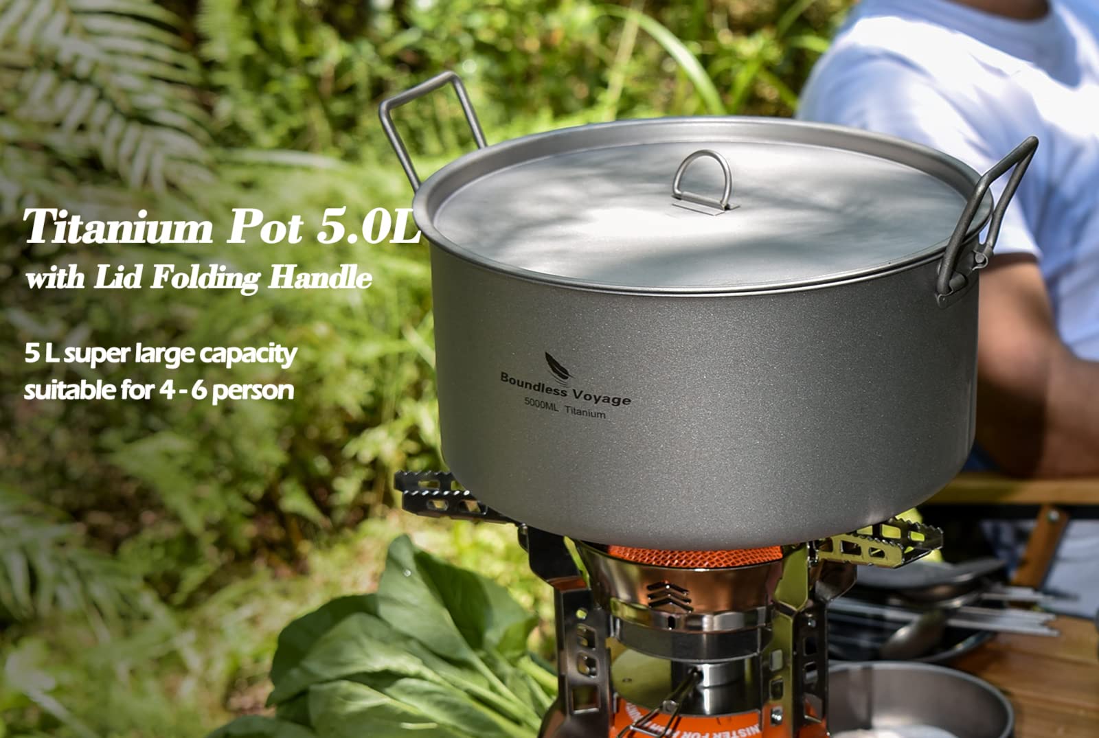 Boundless Voyage 5L Titanium Stock Pot with Lid Folding Handle Soup Pot for Outdoor Camping Hiking Picnic Home Kitchen Ultralight Cookware Ti2104C