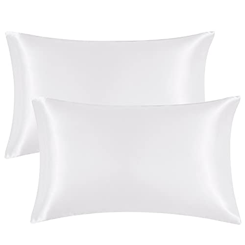 EHEYCIGA Satin Pillowcase for Hair and Skin Silk Pillowcase Set of 2 White Soft Pillow Cases 2 Pack Queen Size 20X30 Inches with Envelope Closure