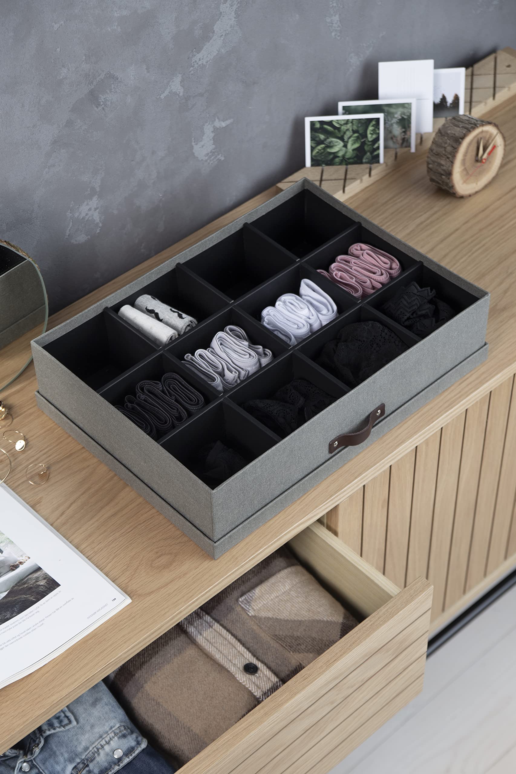 Bigso Box of Sweden Small Storage Box with 12 Compartments and Leather Handle - Fabric Storage Organiser for Shelves or Drawers - Drawer Organiser for Underwear, Socks, Jewellery, etc. - Grey