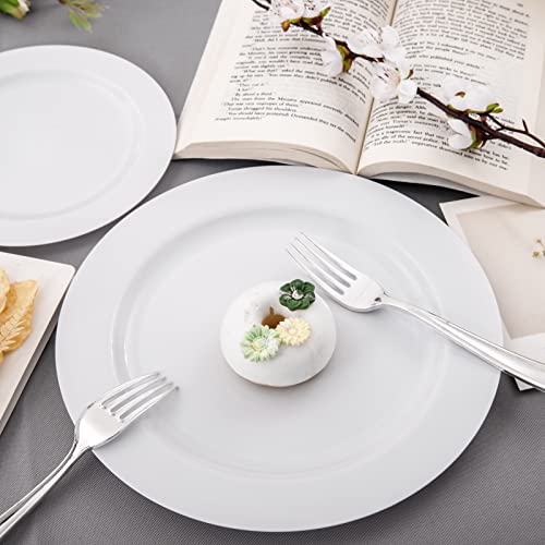 FLOWERCAT 60PCS White Plastic Plates - Heavy Duty White Disposable Plates for Party/Wedding - Include 30PCS 10.25inch White Dinner Plates and 30PCS 7.5inch White Dessert/Salad Plates