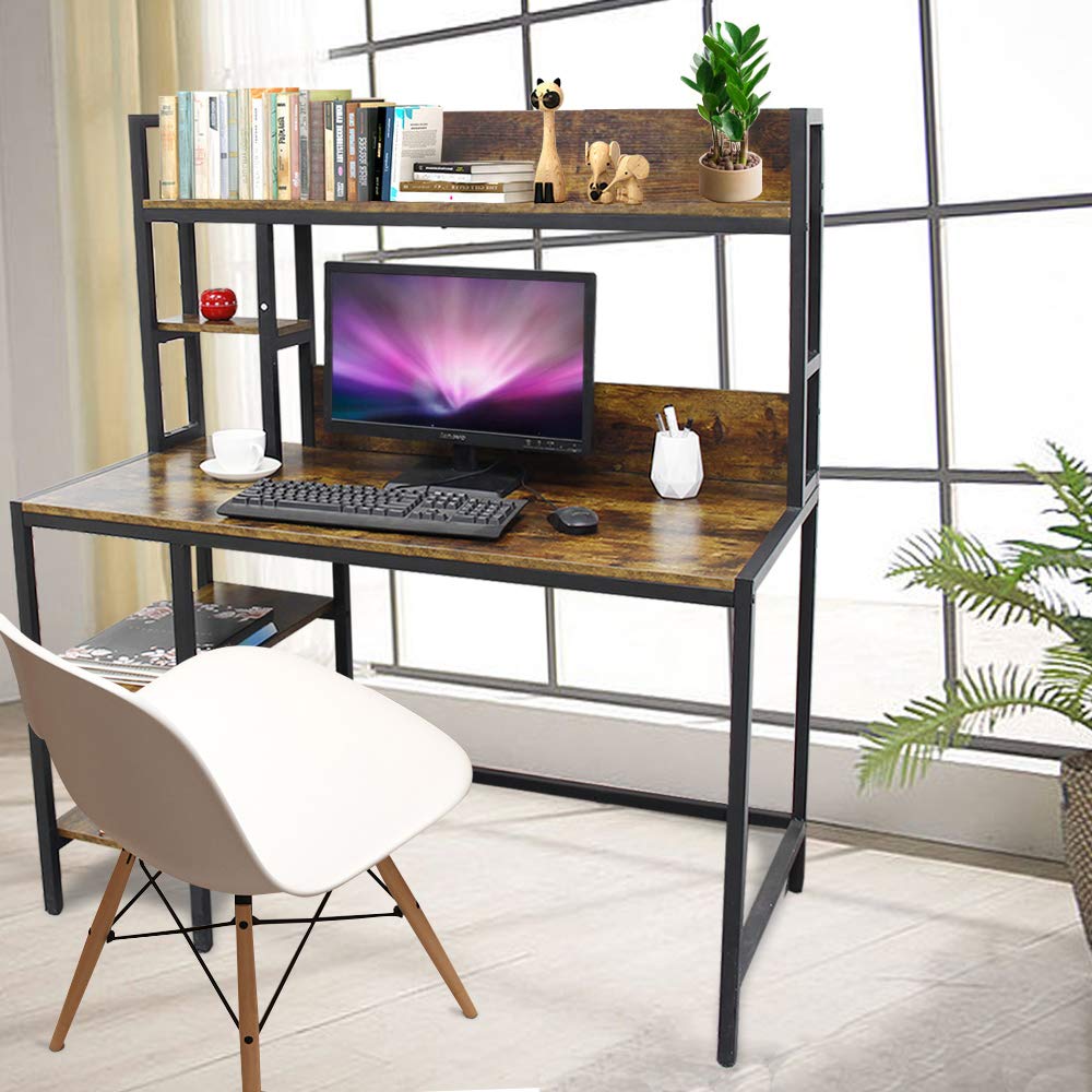Bizzoelife Computer Desk with Hutch and 2-Tier Bookshelf,47 Inches Modern Writing Study Desk with Storage Shelf for Small Space, PC Laptop Table Workstation for Home Office to Saving Space(Rustic) …