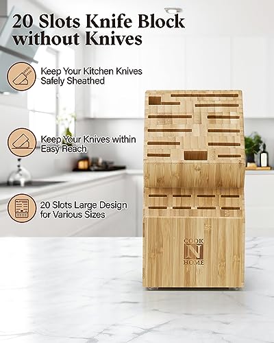 Cook N Home Bamboo Knife Storage Block without Knives, 20 Slots Universal Knife Holder Countertop Butcher Block Knife Stand for Easy Kitchen Storage