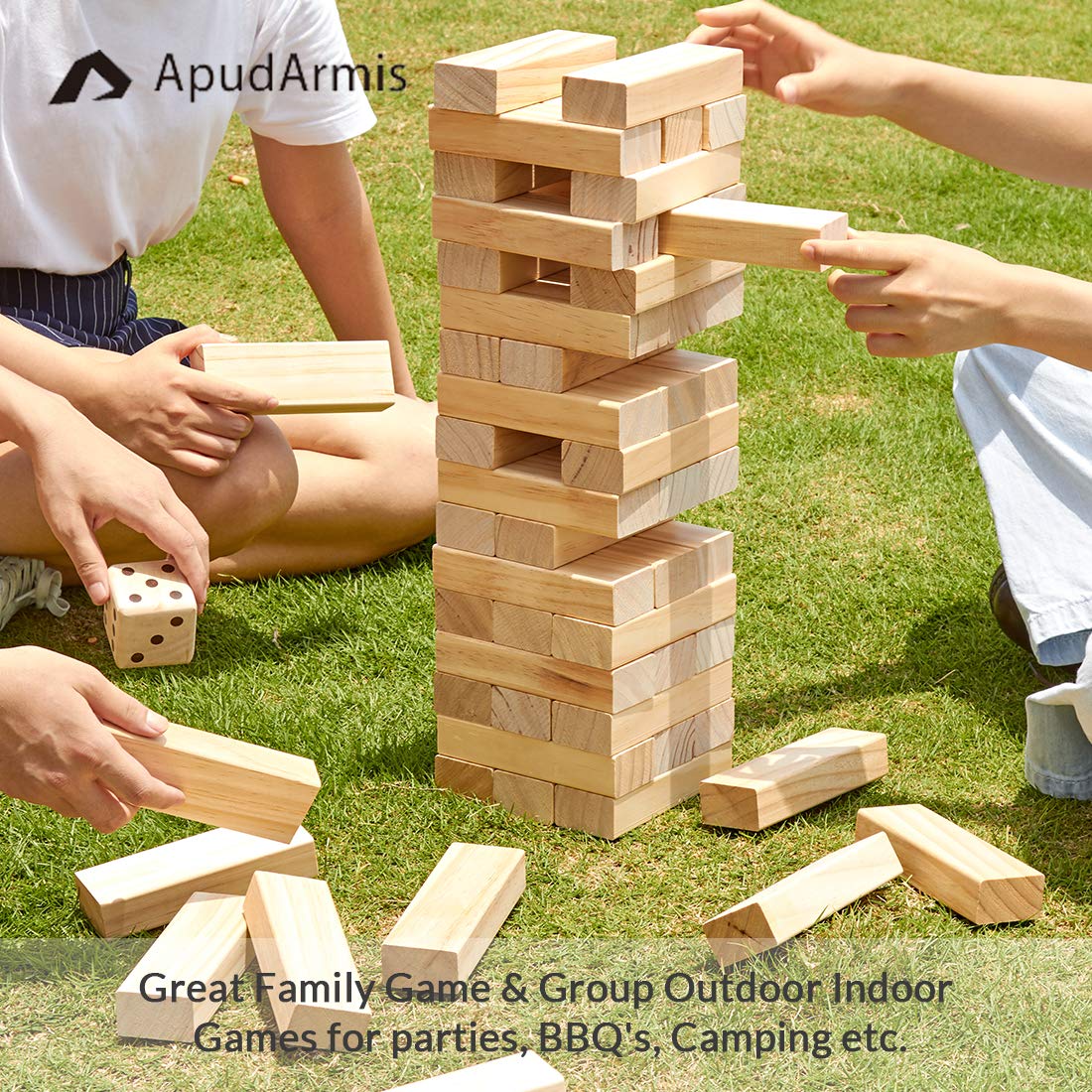 ApudArmis Giant Tumble Tower (Stack from 2Ft to Over 4.2Ft), 54 PCS Pine Wooden Stacking Timber Game with 1 Dice Set - Classic Block Giant Outdoor Game for Teens Adults Family