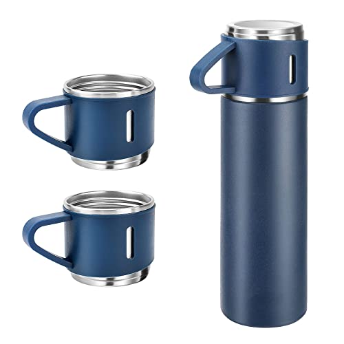 Coffee Thermos Stainless Steel Vacuum-Insulated Water Bottle, 500ml/16.9oz Insulated Bottle with Cup for Hot & Cold Drink Travel Mug (Blue, Three Cup)