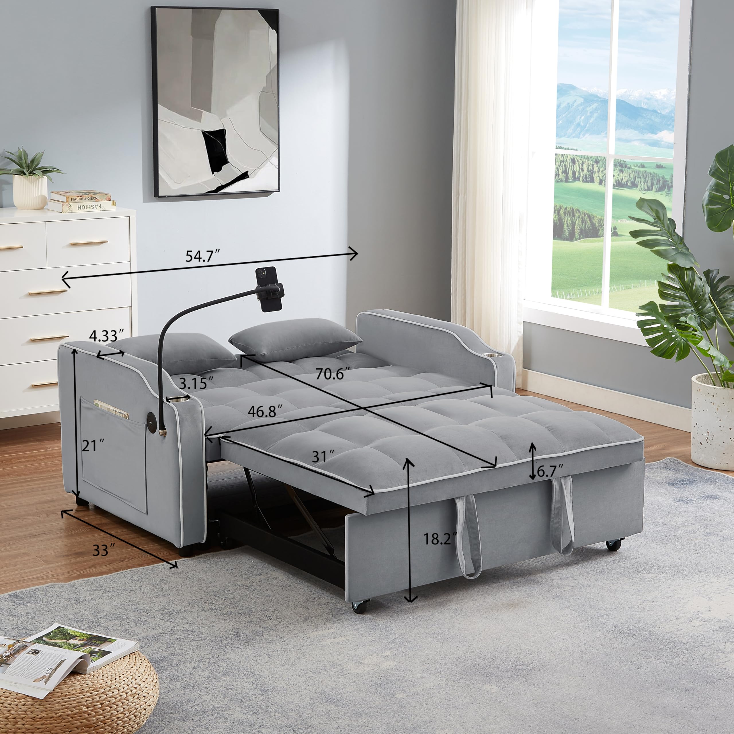 Bellemave Foldable Sofa Bed with USB Charging Ports, Pull Out Velvet Loveseat Sleeper with Swivel Phone Holder, Modern Futon Couch with Cup Holders and Adjustable Backrest, for Living Room, Gray