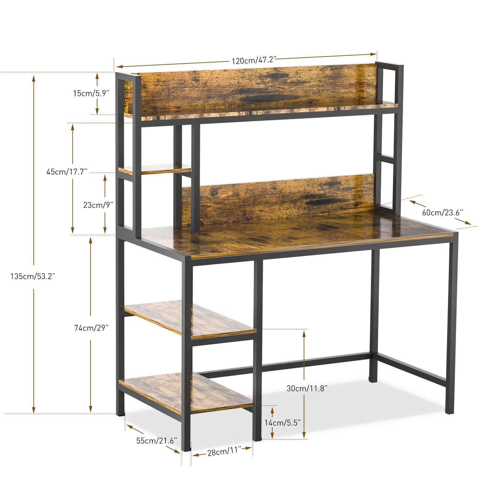 Bizzoelife Computer Writing Desk with Hutch and Bookshelf, Home Office Study Table & 2 Tier Storage Shelves Combo, 47inches Sturdy Wooden Vanity Desk for Kids and Student, Easy Assembly, Retro Brown