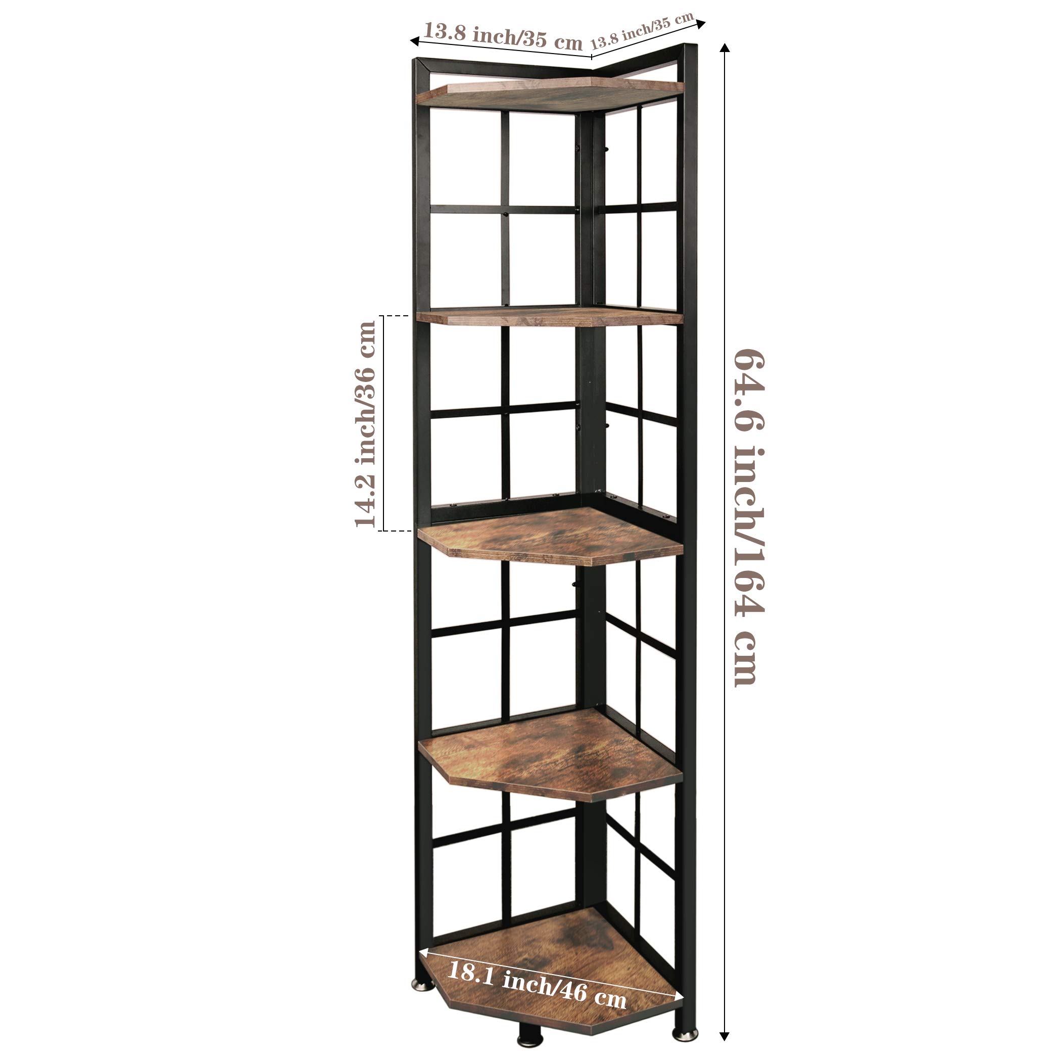 Becko US Corner Bookshelf 5 Tier Industrial Corner Shelf Corner Bookcase Plant Stand Storage Rack Display Rack for Home Office (Rustic Brown)