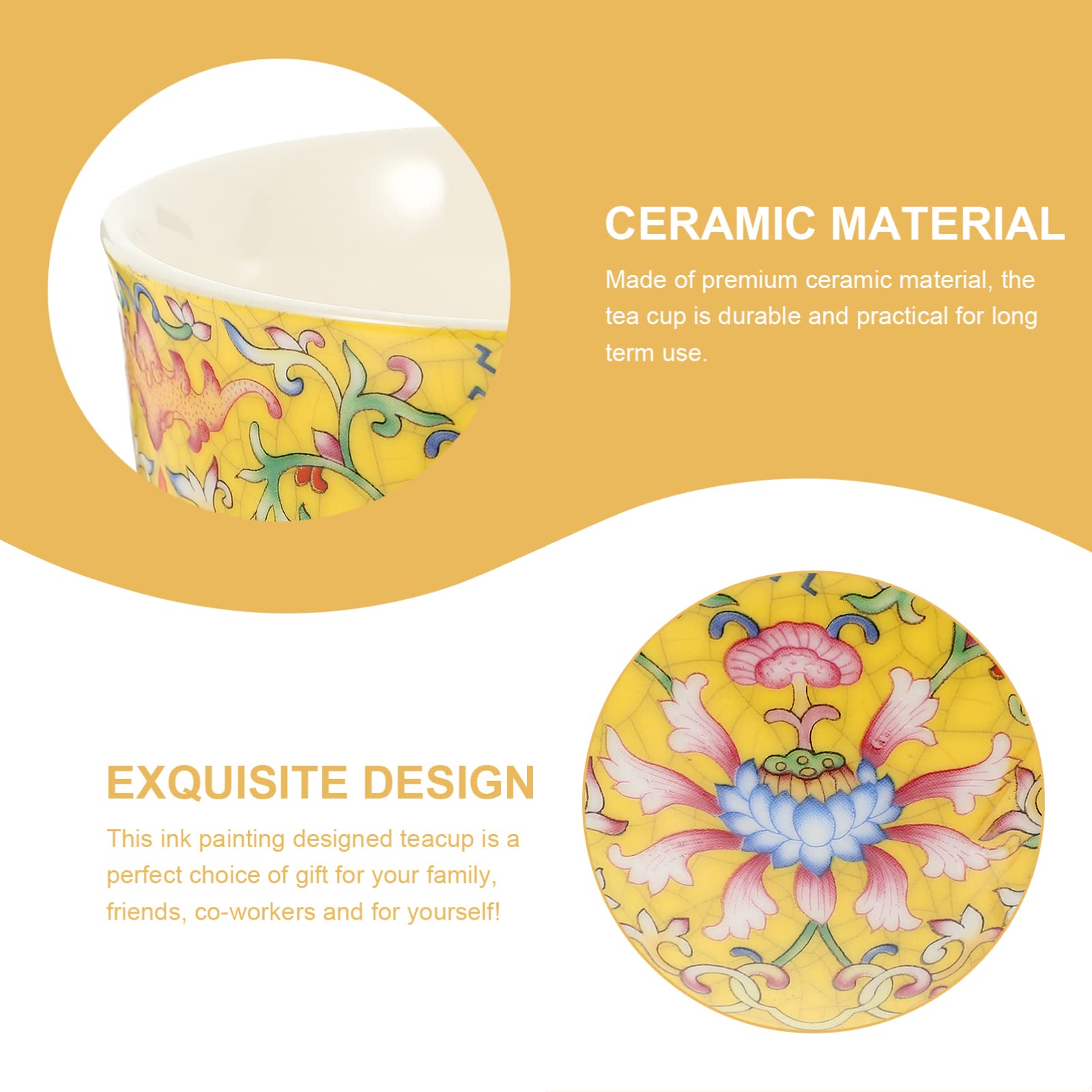Beavorty Chinese Handmade Kungfu Tea Cup 130ml Floral Pattern Ceramic Tea Mugs Porcelain Tea Cup Tea Bowl Japanese Tea Cup Sake Cup Tea Accessories Drinkware (Yellow)