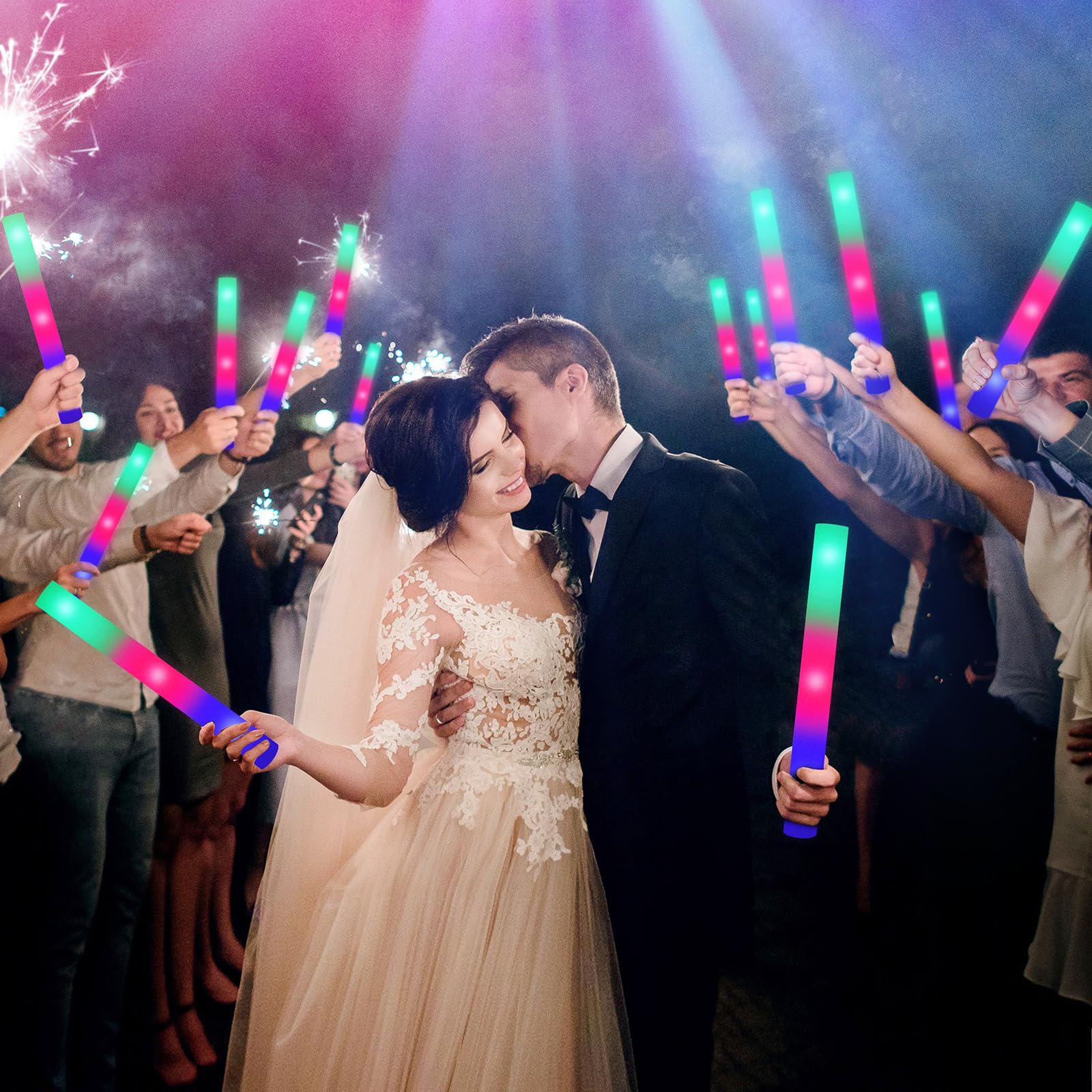 SHQDD 100 Pack LED Glow Sticks for Wedding, Bulk Foam Glow Sticks with 3 Modes Colorful Flashing, Glow Stick Bulk Party Pack for Wedding, Raves, Concert,Camping, Sporting Events, Pool Party