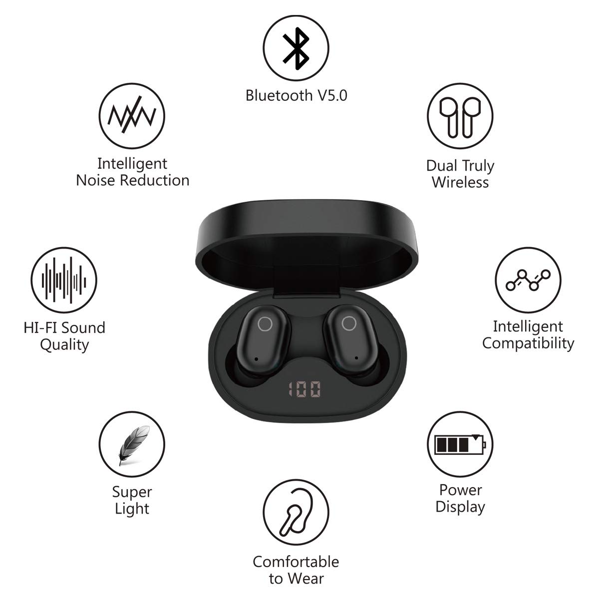 Alpha Digital Touch Control Wireless Ear-Buds, Bluetooth 5.0, Easy Pairing, LED Power Indicator, Noise Canceling, True Stereo Bass Sound Quality, Dust-Proof, Waterproof,12 Hours Play time, Black