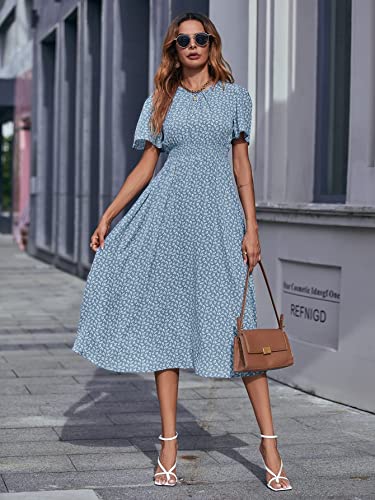 Floerns Women's Short Sleeve Boho Floral Dress A Line Smocked Midi Dress A Blue L