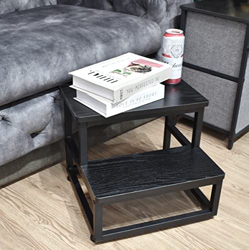SZLHANJZ Step Stools for Adults & Kids, Bed Steps for High Beds for Adults, Multi-Purpose Metal and Wooden Step Stool with Round Corner, 2 Steps Bedside Kitchen Toilet Stool Hold Up to 500 LB, Black
