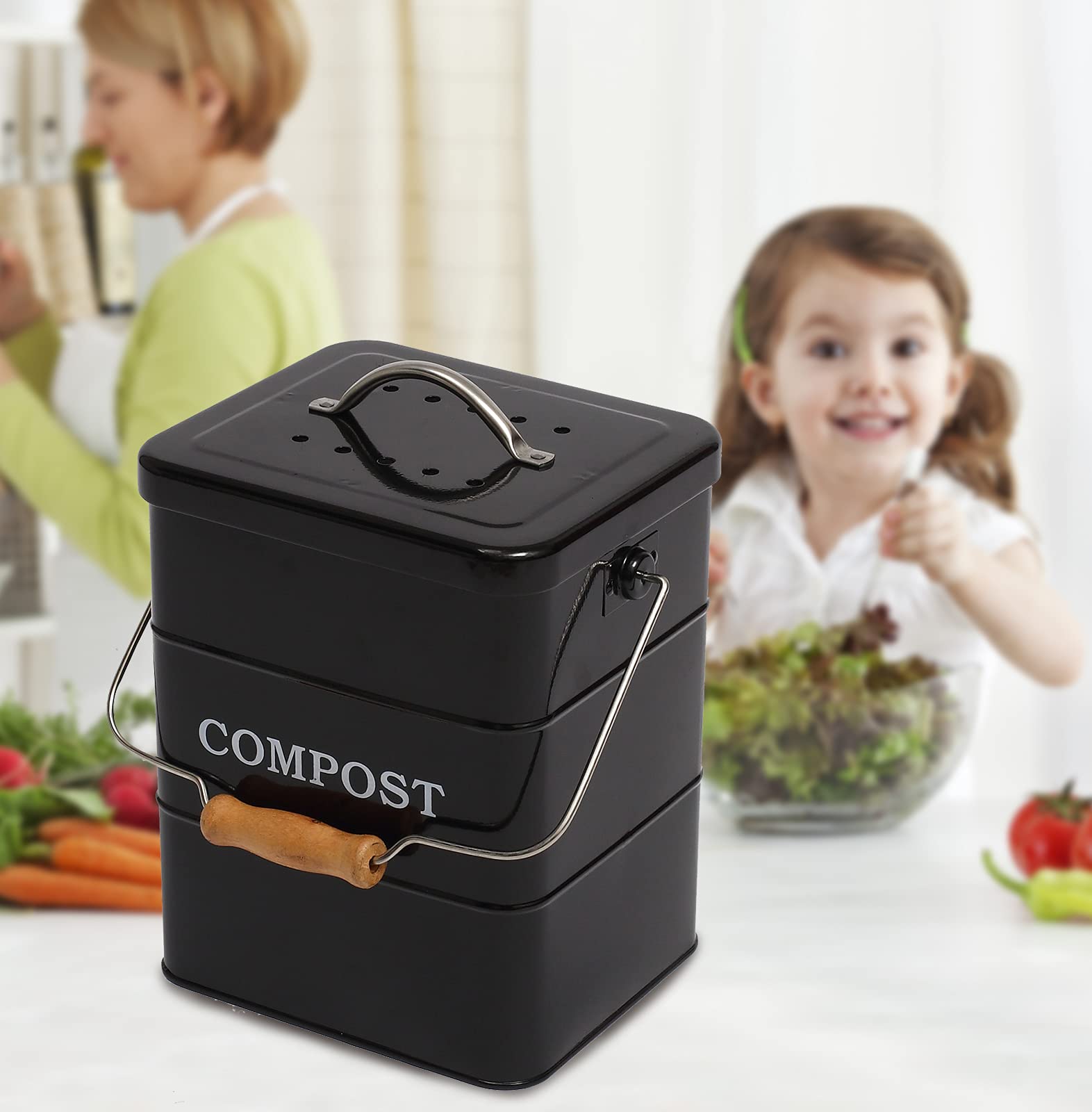 ayacatz Stainless Steel Compost Bin for Kitchen Countertop Compost Bin，1 Gallon, Kitchen Trash Can -Includes Charcoal Filter，Compost Bucket Kitchen Pail Compost with Lid-Black