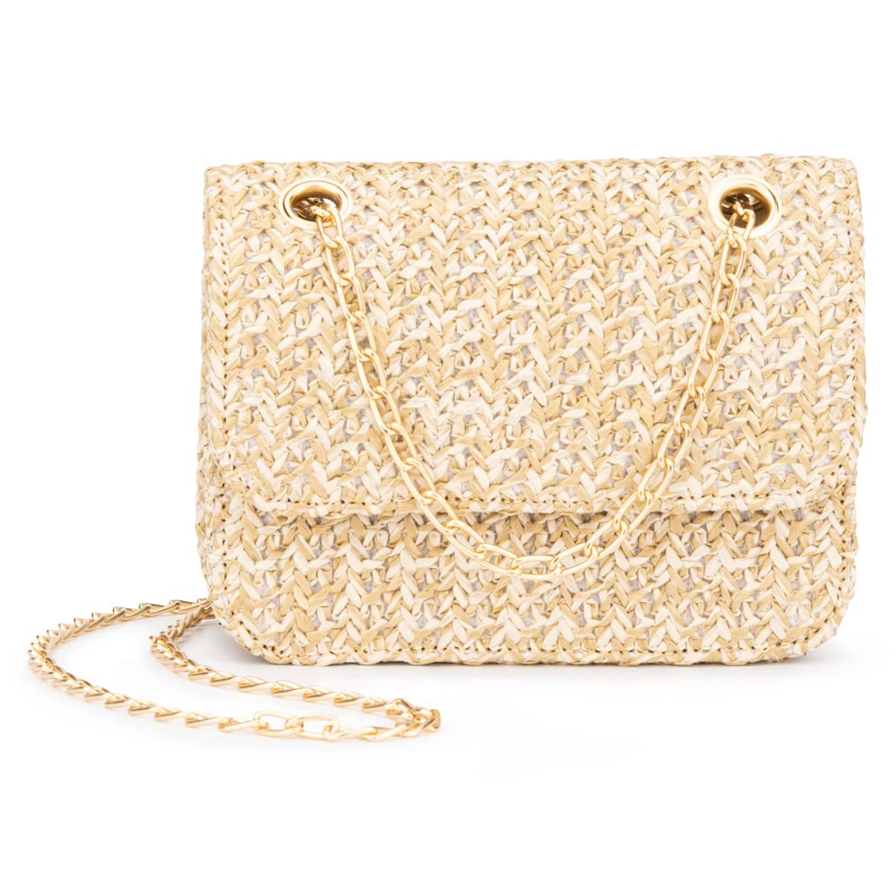 Olivia Miller Women's Fashion Mini Theodore Natural Straw w Double Chain n Front Flap, Beige Mini Crossbody Bag w Convertible Strap, Evening Everyday Casual Work Purse Handbag