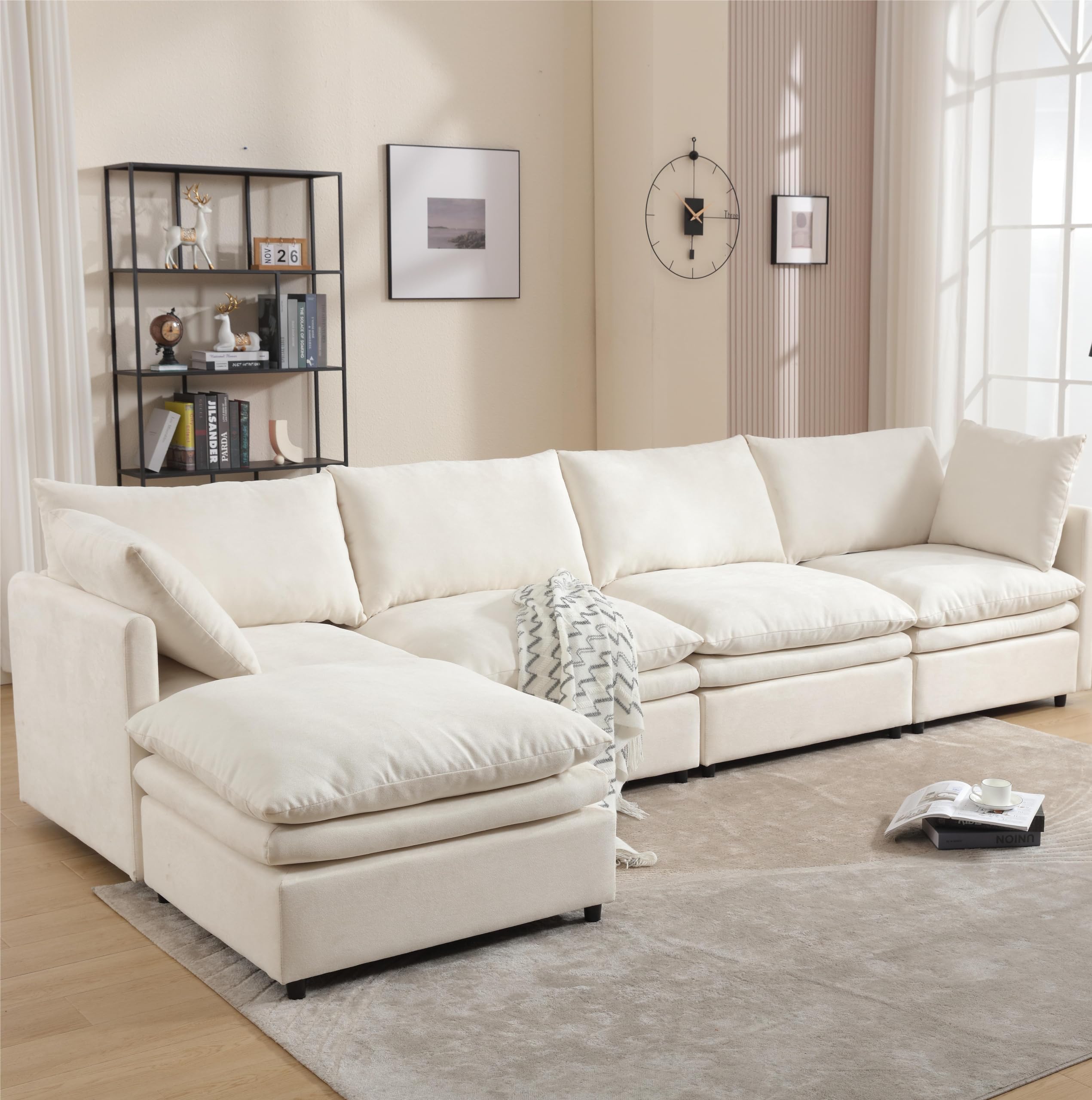 VASOENY 130 X 64.2'' Modular Sectional Couch, 5 Seat Upholstered L Shaped Sofa Couch, Modern Corner Sofa Couch with 6 Pillow for Living Room, Office, Convertible Chaise Lounge