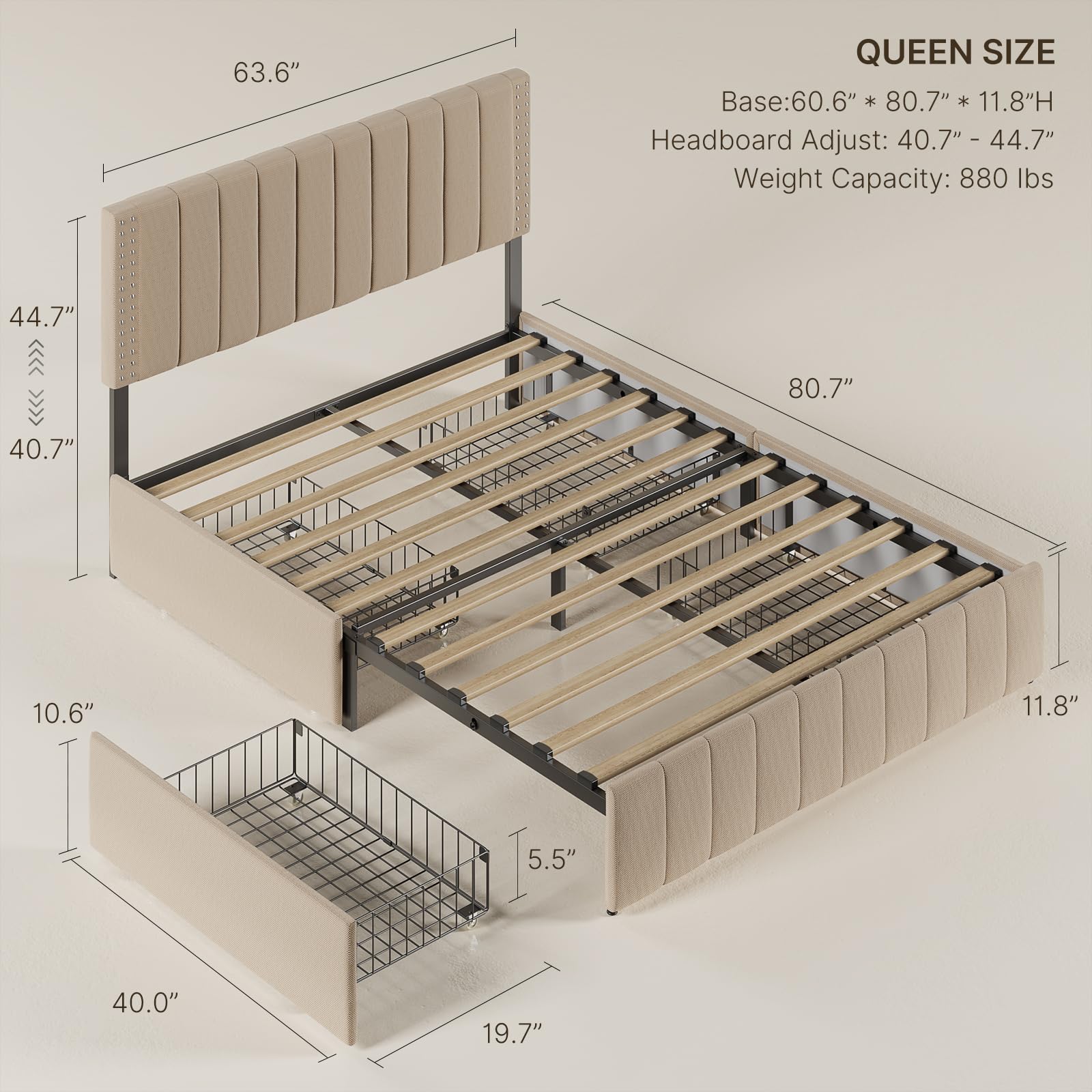 Gizoon Upholstered Queen Bed Frame with 4 Storage Drawers, Headboard Adjustable, Noise Free, Wooden Slats Support, Fits 6” to 12” Mattress, No Box Spring Needed