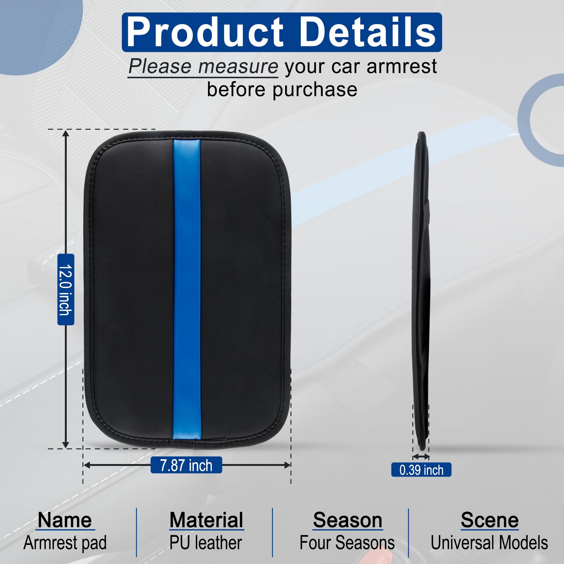 BJSIA Car Armrest Storage Box Mat, Fiber Leather Auto Center Console Cover, Car Arm Rest Cover Accessories Interior Protection for Most Vehicle, SUV, Truck, Car(Blue