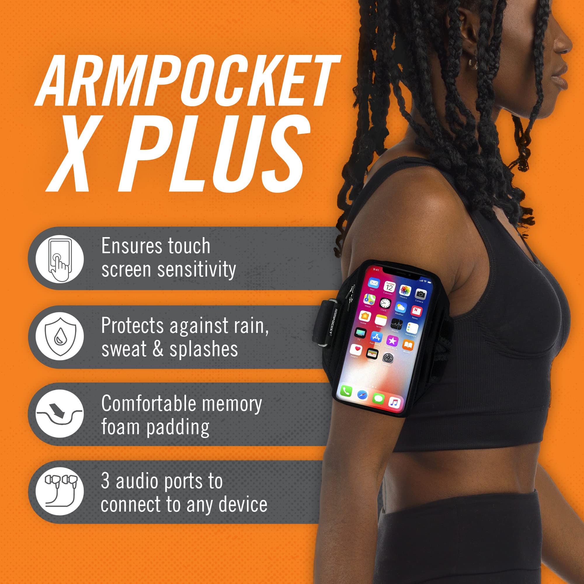 Armpocket X Plus Arm Band, Cell Phone Holder for Walking, Running Arm Bands for Cell Phone w/Case, for iPhone 14 Series, Galaxy S21 Ultra, Pixel 7 Pro, & Devices Up to 6.5 Inches, Black Medium Strap