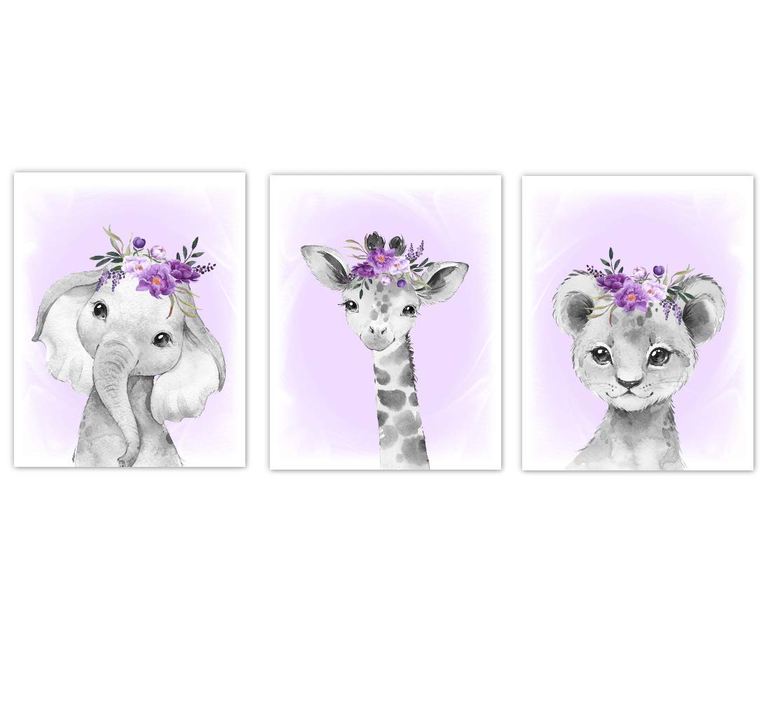 Baby Girl Nursery Art Purple Elephants Giraffe Lion Flowers Wall Decor 3 UNFRAMED PRINTS