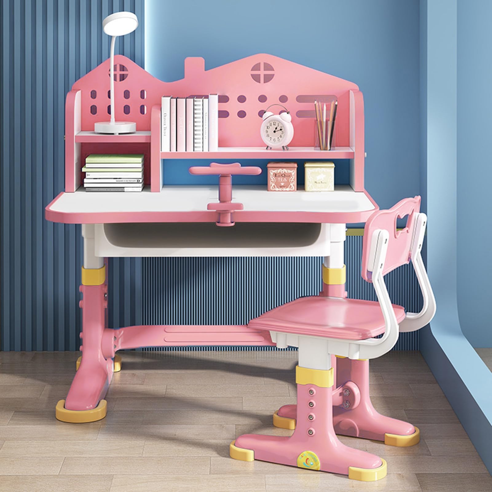 NEREIDS NET Kids Desk Chair Set,Small Desk,Standing Desk, Desk Chair Set Widened Children Desktop Height Adjustable School Study Desk with Castle Backboard,Bookstand and Storage Drawer Pink