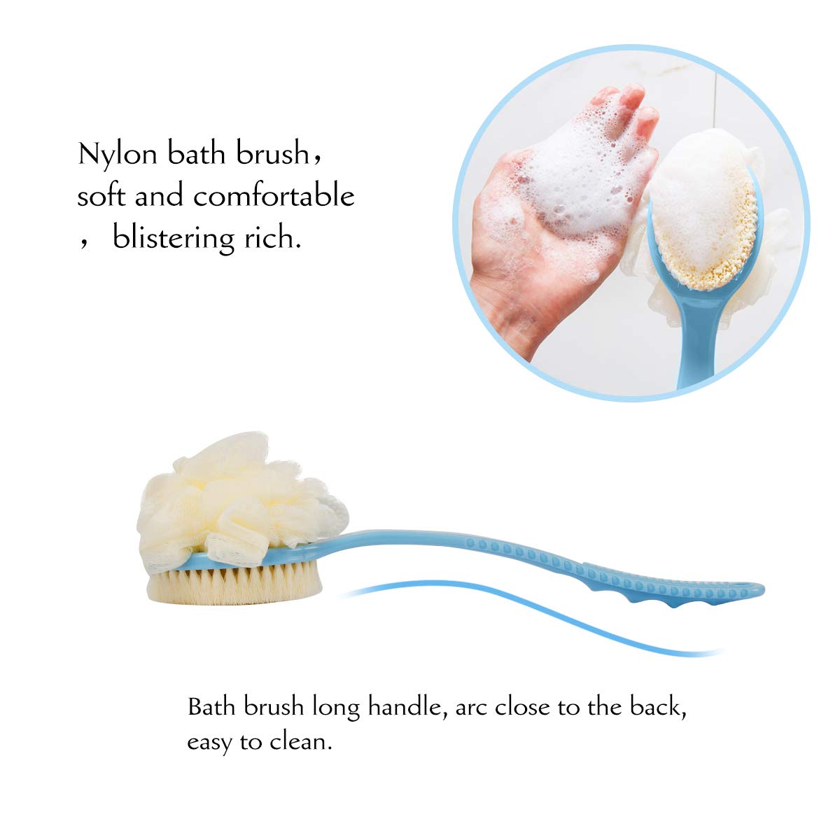 Back Scrubber for Shower, 1 Double-Sided Soft-Stiff Bristles Body Scrubber with Curved Long Handle, 1 Dry Brush, 1 Lotion Applicator for Back, Wet & Dry Brushing Body Exfoliating, Bath Brush 3 Pack