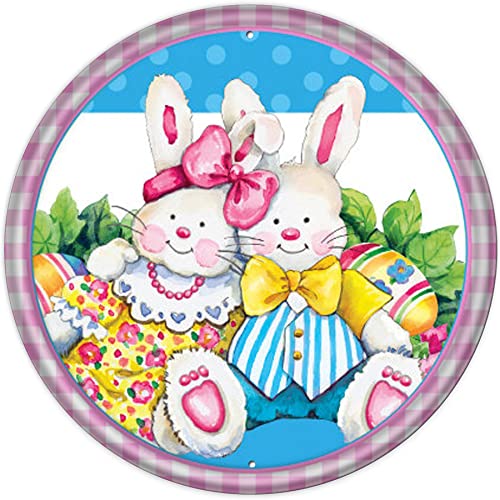 RIFOSA Round Metal Tin Sign Easter Buddies Sign Easter Sign Bunny Sign Wreath Metal Tin Sign Vintage Sign for Home Coffee Garden Wall Decor 12x12 Inch