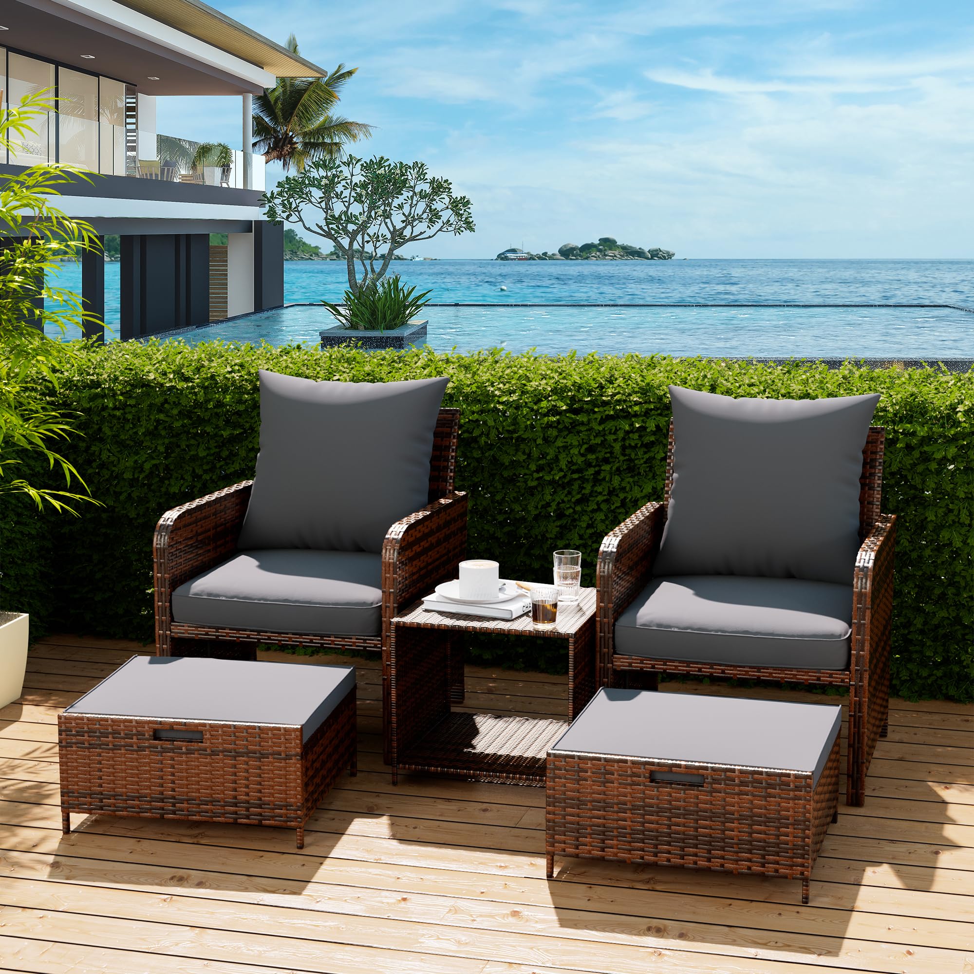 UDPATIO 5 Piece Patio Furniture Set, Outdoor Patio Conversation Rattan Chair with Ottomans w/Storage Coffee Table for Patio, Space Saving Design for Balcony Poolside Front Porch Deck, Navy