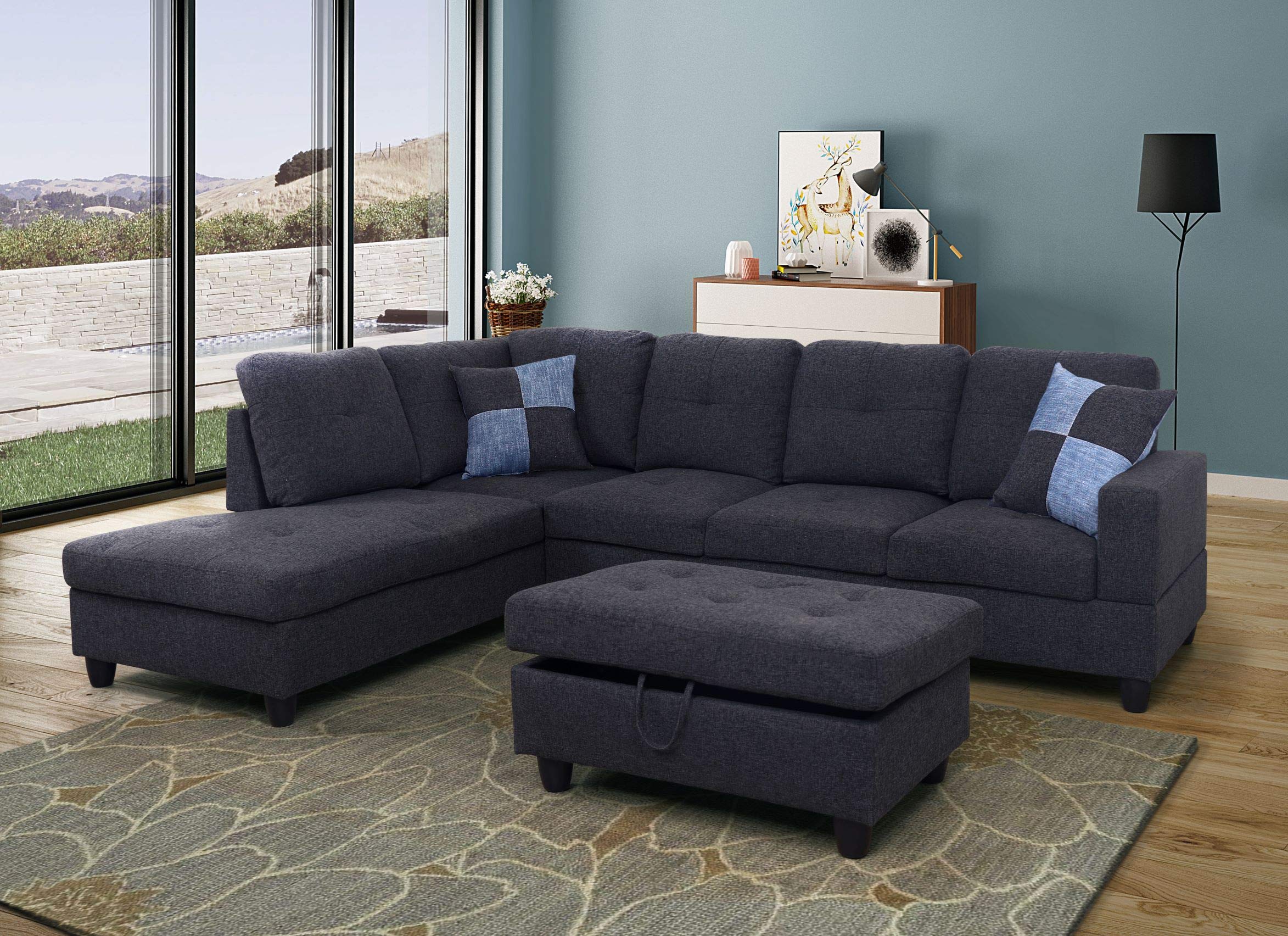 AYCP Fine Furniture Sectional Sofa Couch,L-Shaped Modern Style w/Storage Ottoman 3-Piece for Living Room|Linen Upholstery|(2) Toss Pillows(Left Hand Facing, Black)