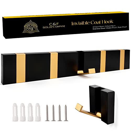 Folding Wall Hooks Invisible for Hanging - 2 Pack Black-Gold Hanging Hooks - Hangers Wall Mounted - Coat Hooks Heavy Duty Stainless Steel - Towel Wall Hooks for Hanging Coats Purse Hat Bag Keys Robe
