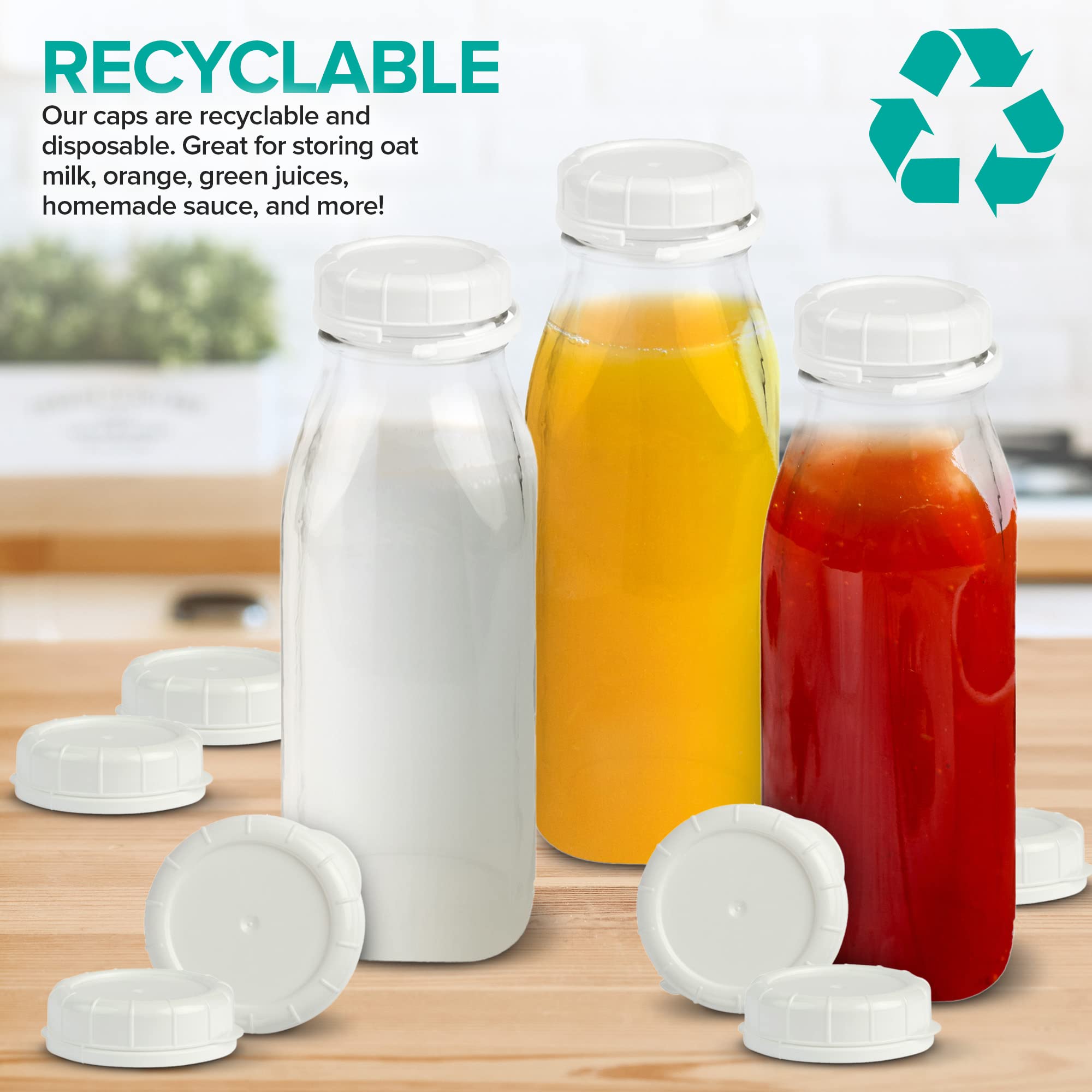 Replacement Snap-On Caps for Stock Your Home Milk Bottles (24 Pack), 48mm Snap-On Caps for Glass Milk Bottles, Tamper Resistant Lids, Plastic Leak Proof Lid, Crack Resistant Bottle Cap Refills, White