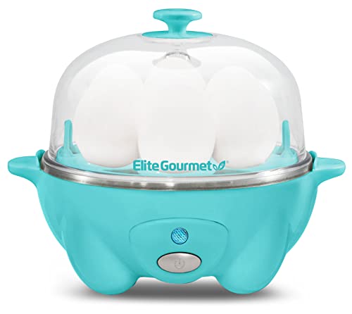 Elite Gourmet EGC-007T# Rapid Egg Cooker, 7 Easy-To-Peel, Hard, Medium, Soft Boiled Eggs, Poacher, Omelet Maker, Auto Shut-Off, Alarm, 16-Recipe Booklet, Teal