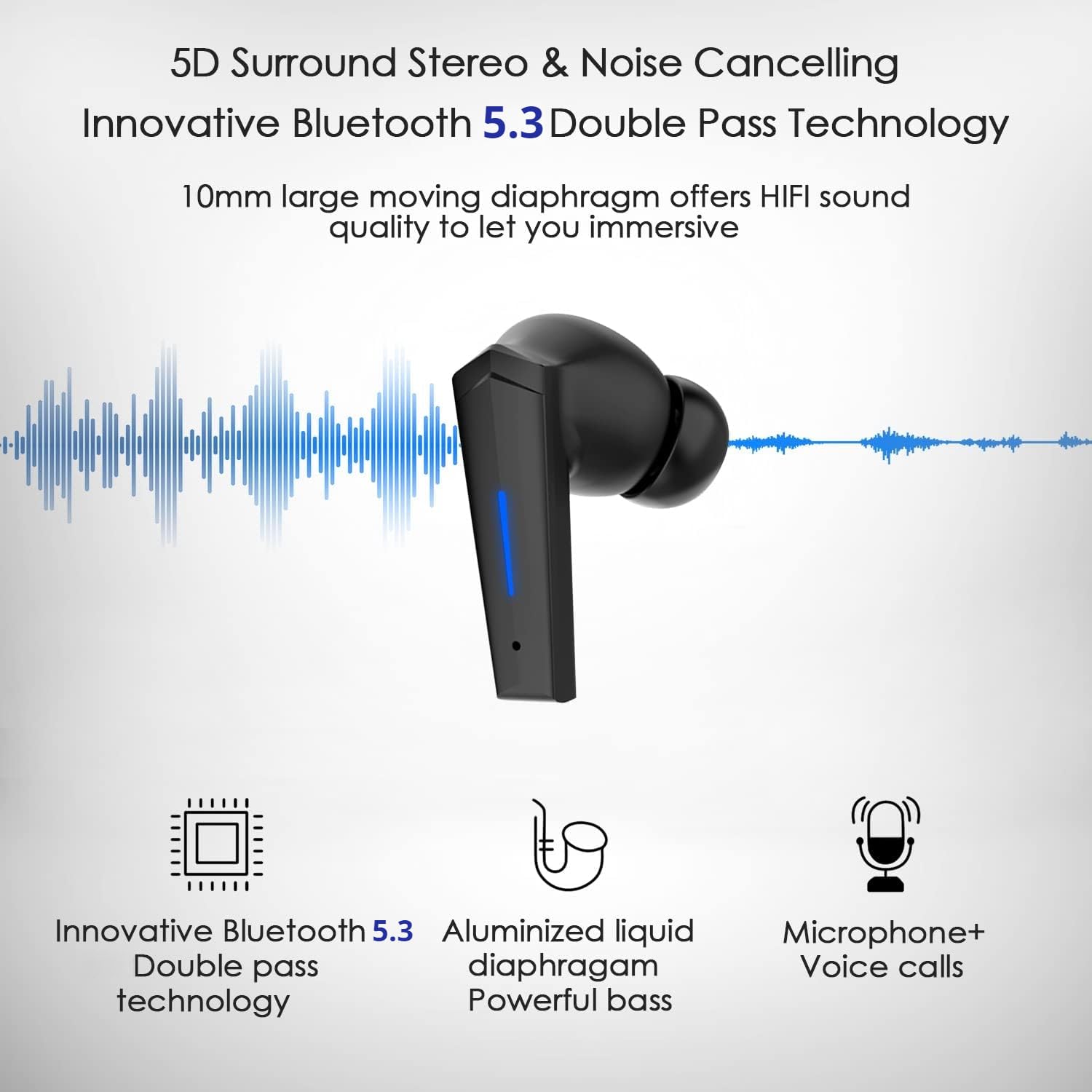 OONOL Wireless Earbuds, Yi-shaney Bluetooth 5.2 Bass Sound Headphones Gaming Earphones with Touch Control, Noise Cancelling Waterproof Headset with Mic, 18H Play Time, 65ms Low Latency (Black)