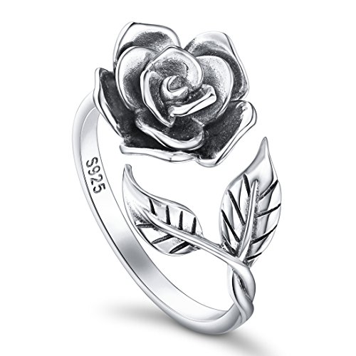 Alphm S925 Sterling Silver Rose Flower Ring Adjustable Wrap Open Jewelry for Women Friend Mom Bride Girlfriend Sisters Teen