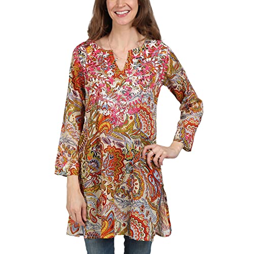 FLORIANA Womens Floral Embroidered Blouse - Long Tunic, Cute Tops for Women Pink, Small