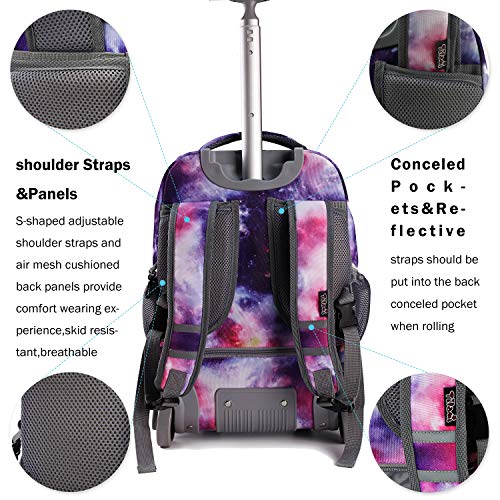 Tilami Rolling Backpack 19 inch with Lunch Bag Wheeled Laptop Backpack, Galaxy Purple