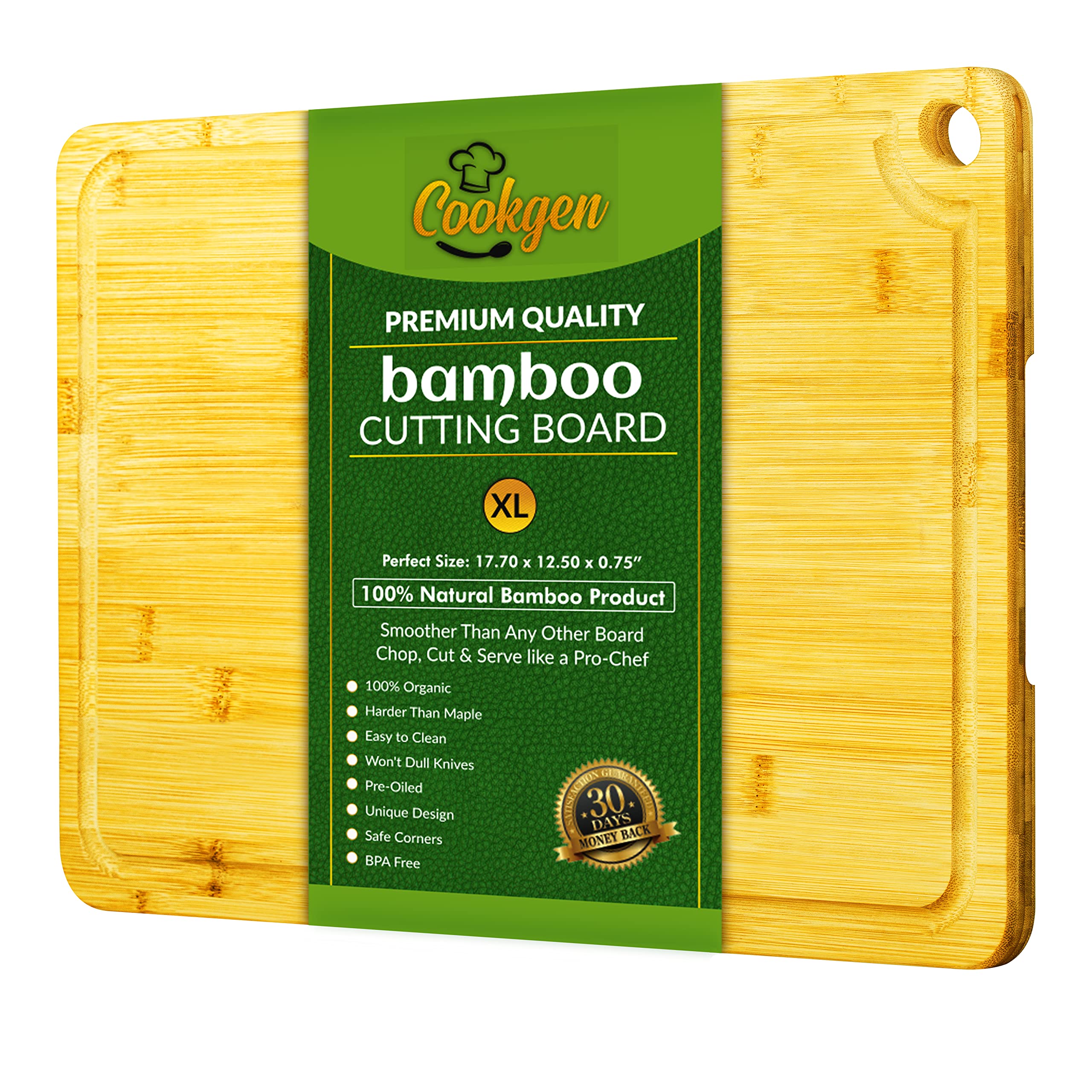 Bamboo Cutting Board (Extra Large) - Organic Wooden Cutting Boards for Kitchen, Vegetable & Meat Cutting Board - Cutting Board with Juice Groove, Handles & Hanging Hole