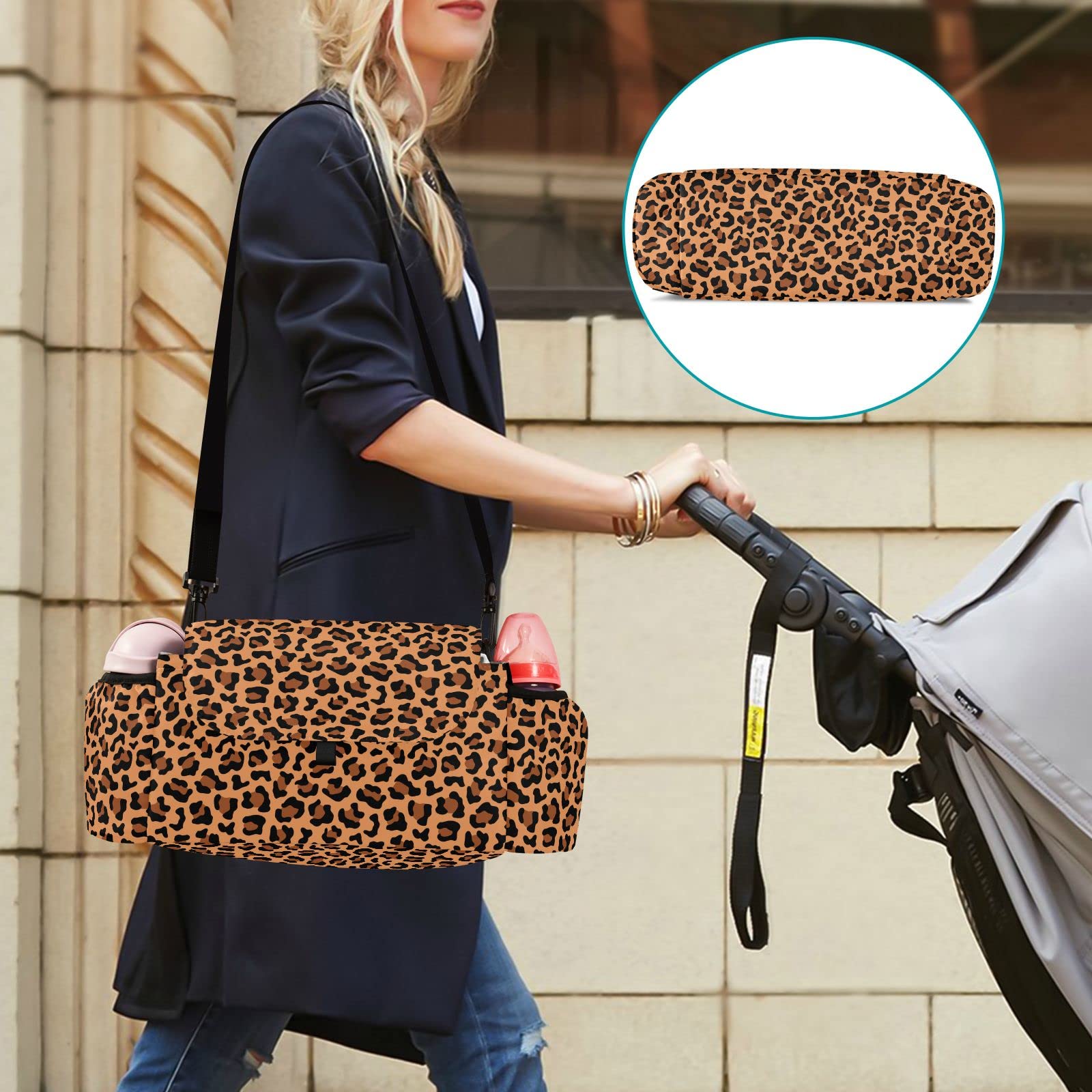BOENLE Universal Baby Stroller Organizer with Two Insulated Cup Holders Brown Leopard Print Detachable Zipper Bag,Large Capacity for Baby Essentials
