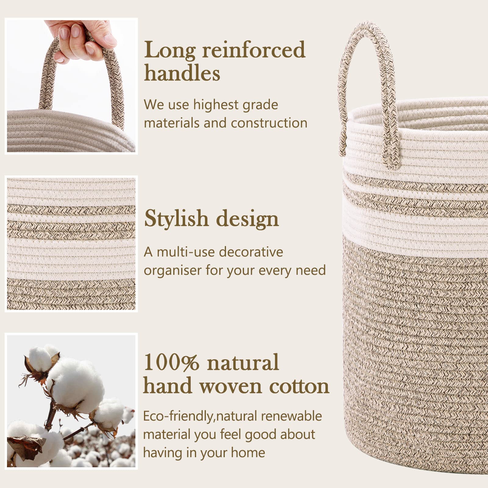 YOUDENOVA Woven Rope Laundry Hamper with Handles, 41L Laundry Basket for Blanket Storage, Heavy Duty Clothes Hamper for Bedroom-16 x 14 x 14 Inches-Brown