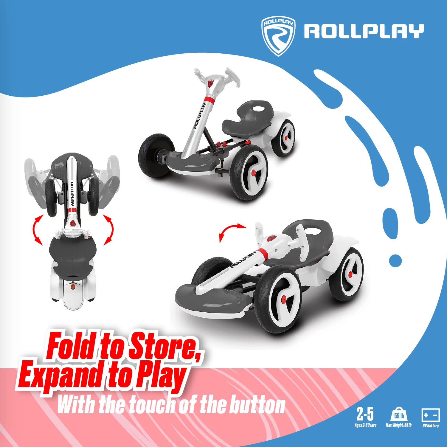 Rollplay Flex Kart XL 12V Electric Go Kart for Kids Aged 5+ Featuring Space-Saving Folding Function, Adjustable Seat, Anti-Slip Rubber Strips, and a Top Speed of 5 MPH