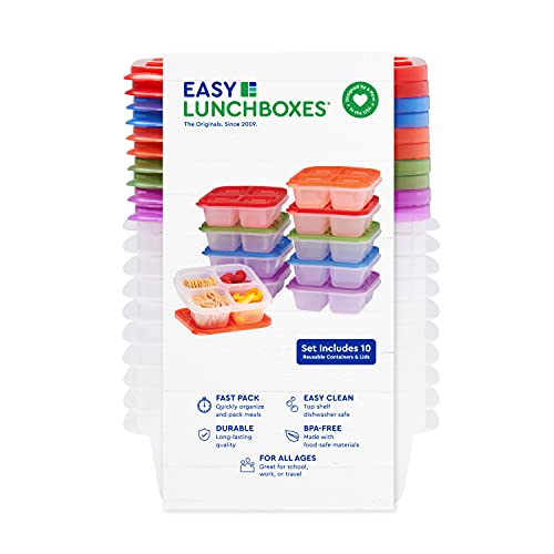 EasyLunchboxes® - Bento Snack Boxes - Reusable 4-Compartment Food Containers for School, Work and Travel, Set of 10, (Classic)
