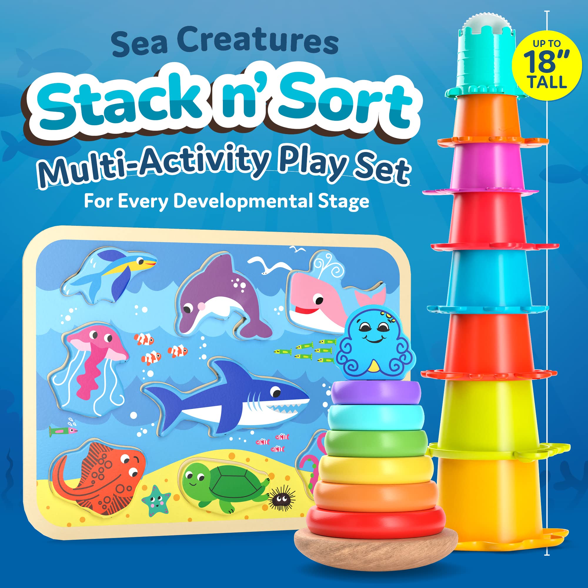 CoolToys Stack n’ Sort Toddler and Baby Learning Toys Set - 3 Fine Motor Skills Educational Toys for Toddlers, Wooden Stacking Rings, Stacking & Nesting Cups, Wooden Baby Puzzle, Ocean Theme